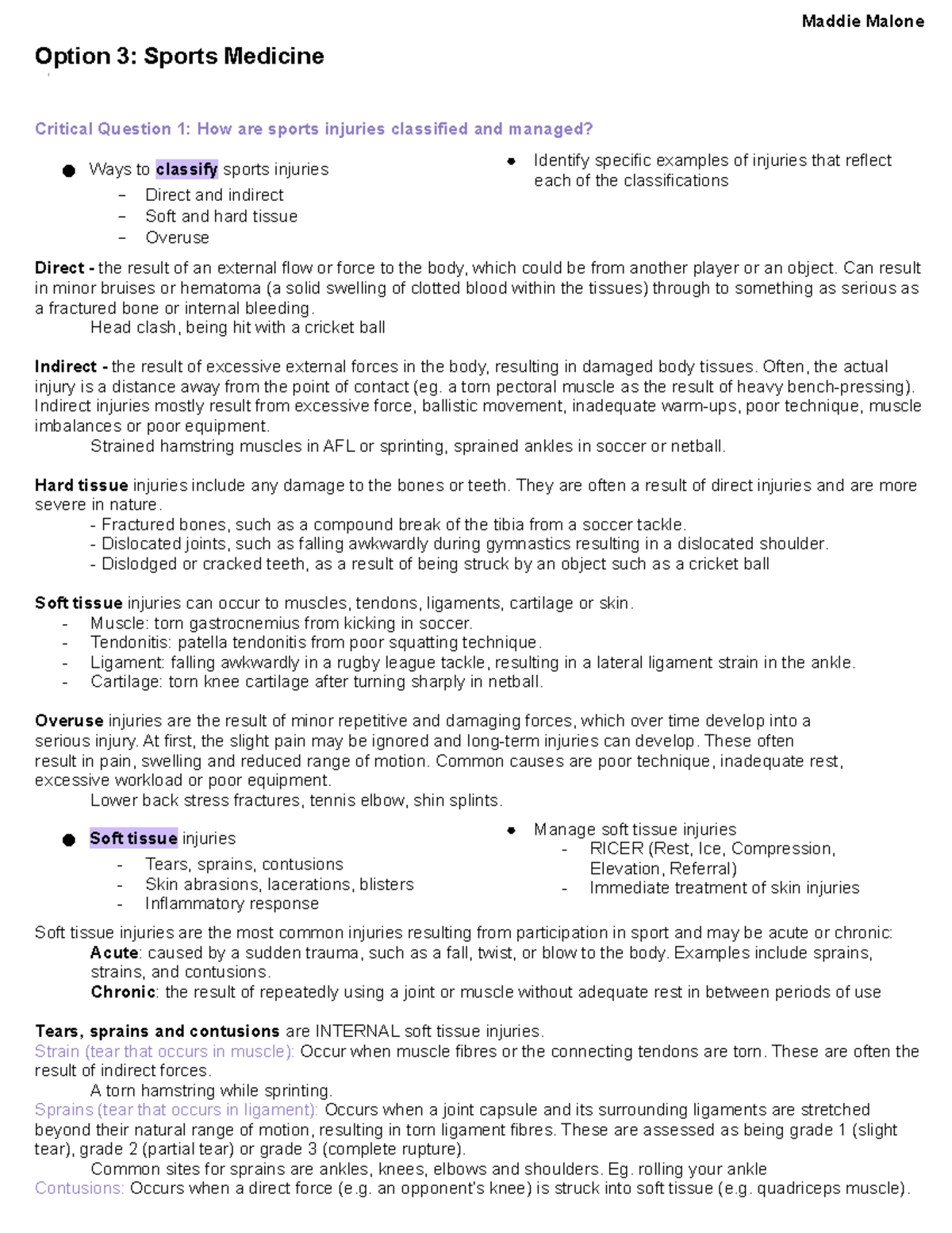 Copy of Sports Medicine Notes - Option 3: Sports Medicine Critical ...