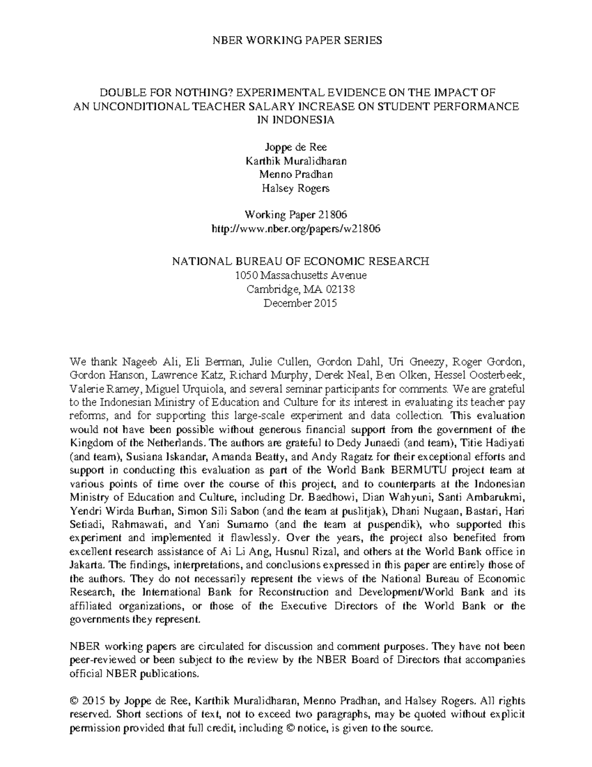 W21806 - Tutorial Reading - NBER WORKING PAPER SERIES DOUBLE FOR ...