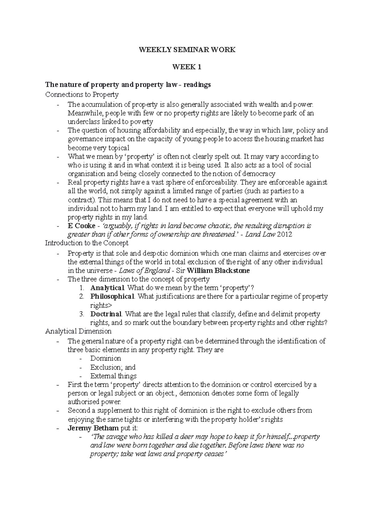 Weekly Seminar WORK - WEEKLY SEMINAR WORK WEEK 1 The nature of property ...