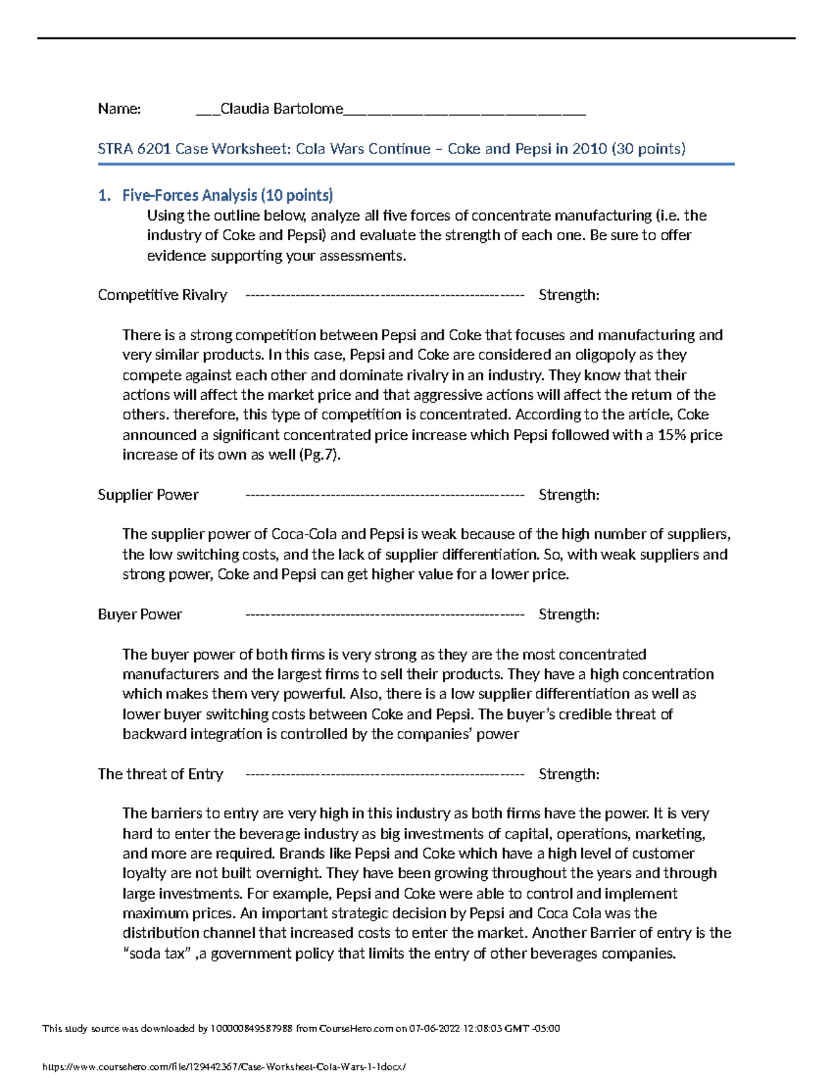 Case Worksheet Cola Wars 1 1 - the industry of Coke and Pepsi) and ...