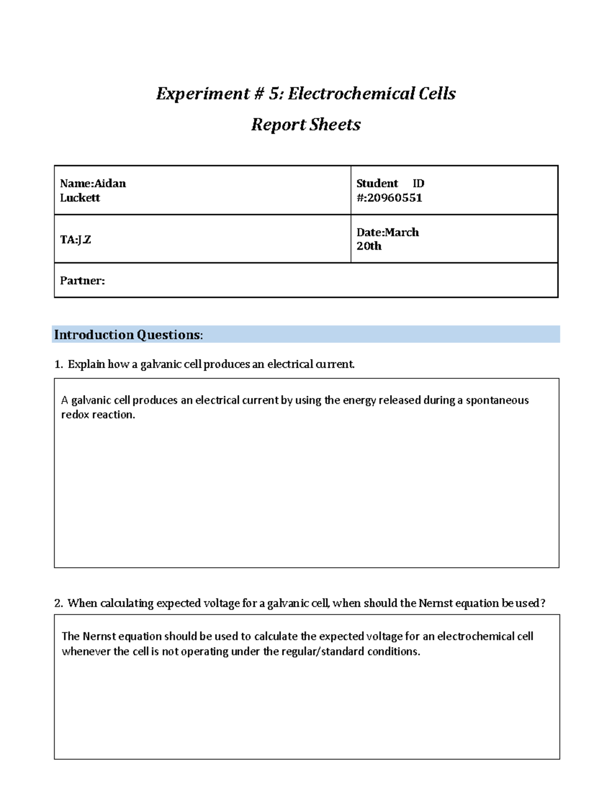 Ex5 Electrochemical cells report template - Experiment # 5 ...