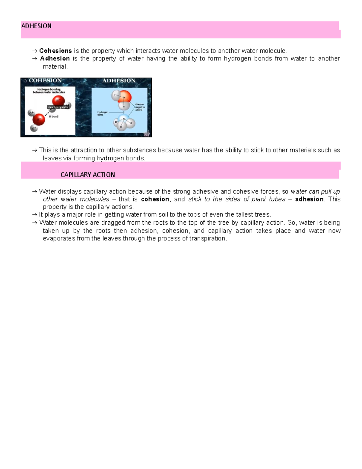 Adhesion - ADHESION → Cohesions is the property which interacts water ...