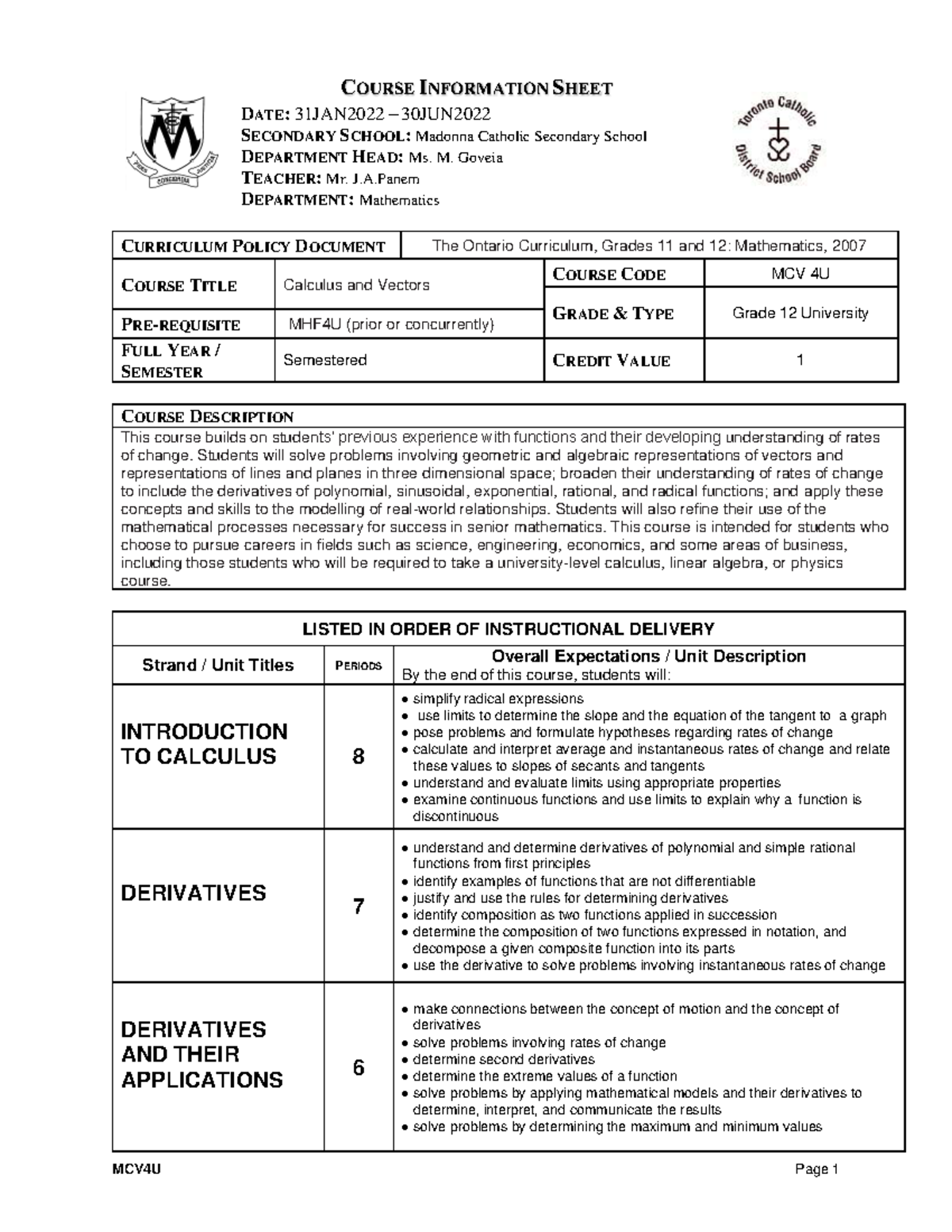 MCV4U Course information jus uvyfd yd - COURSE INFORMATION SHEET DATE ...