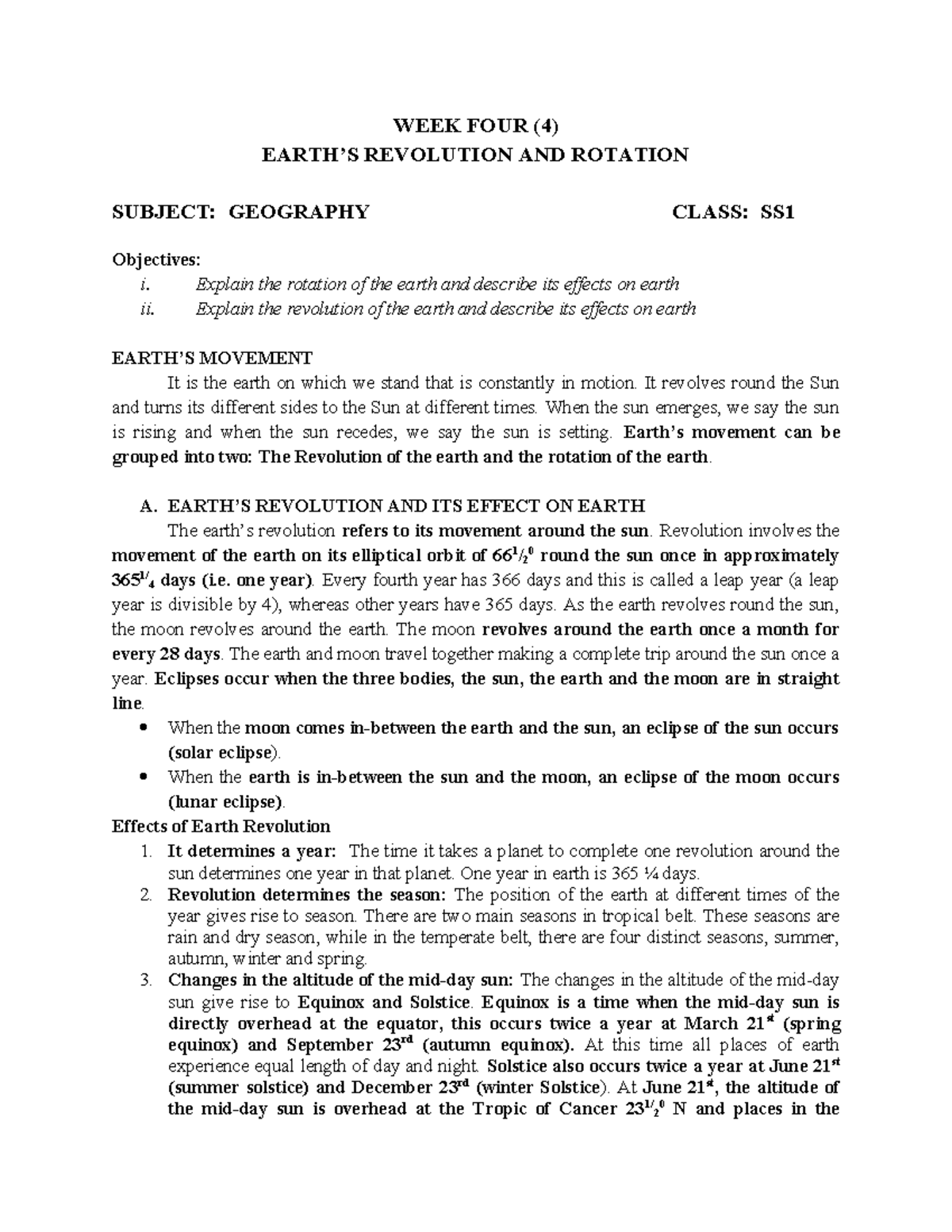 Notes ON Earths Revolution AND Rotation - WEEK FOUR (4) EARTH’S ...