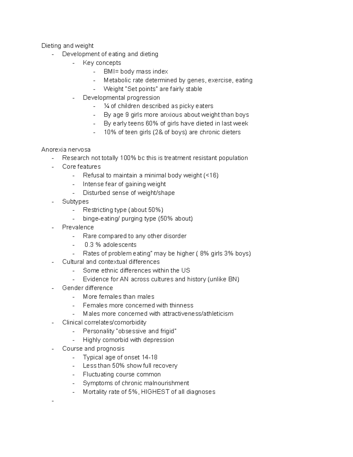 Psy 333 eating disorders - Dieting and weight Development of eating and ...