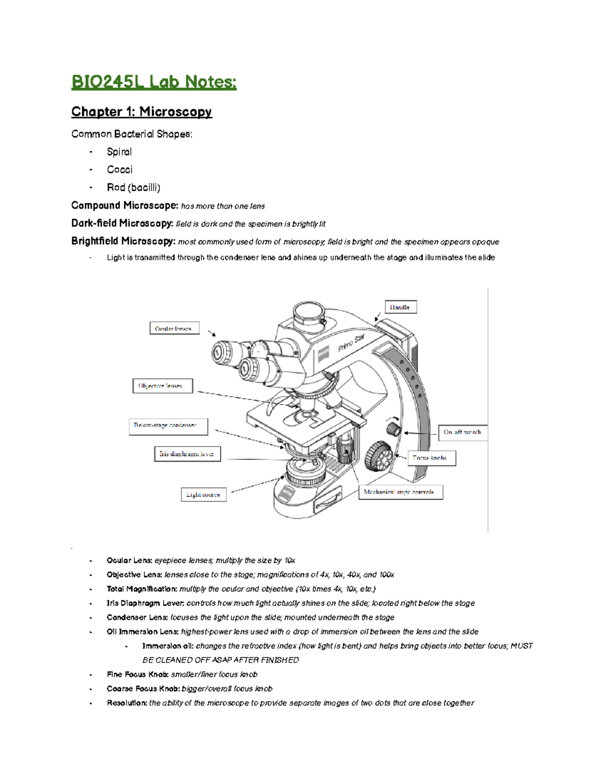 BIO245L - Lab Notes - BIO245L Lab Notes: Chapter 1: Microscopy Common ...