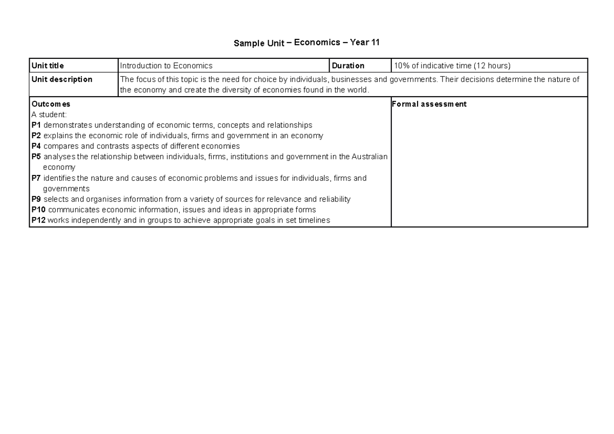 Economics year 11 sample unit introduction to economics - Sample Unit ...