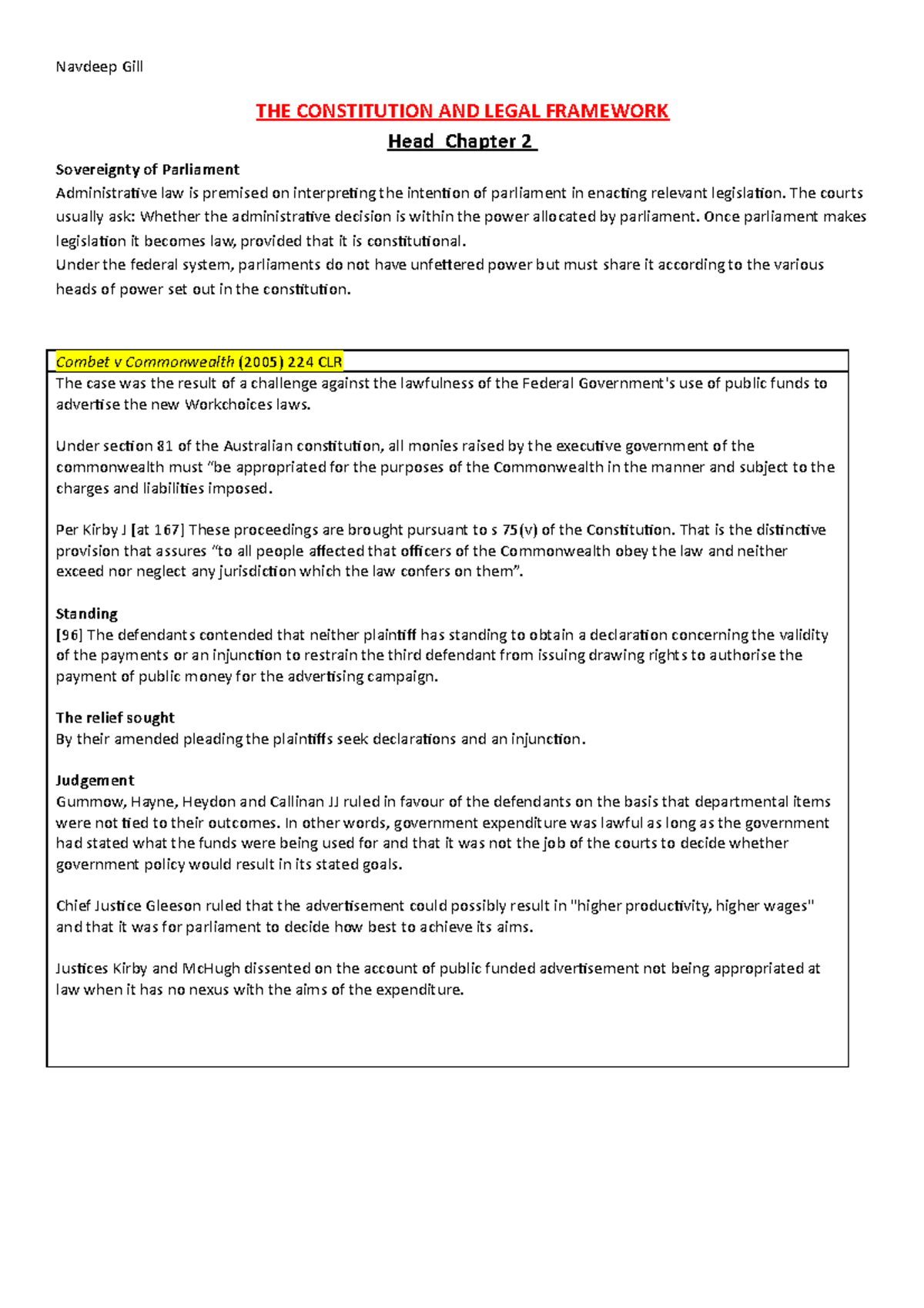 Admin Law Summary - THE CONSTITUTION AND LEGAL FRAMEWORK Head Chapter 2 ...