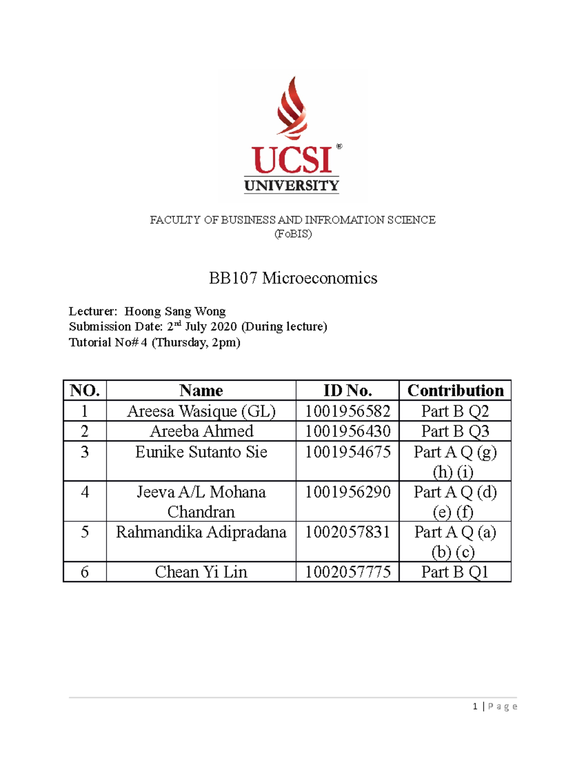 BB107 Microeconomics - BB107 Microeconomics Lecturer: Hoong Sang Wong ...