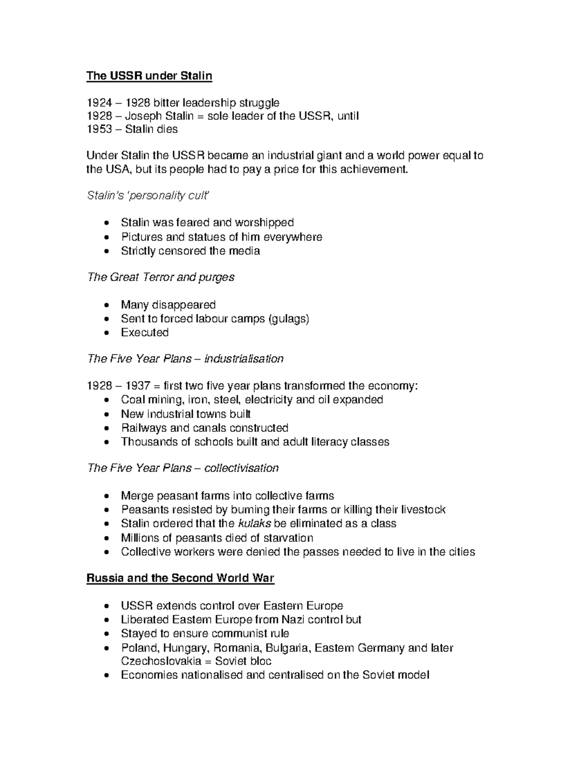 The USSR Under Stalin Grade 11 History Study Note Summaries The
