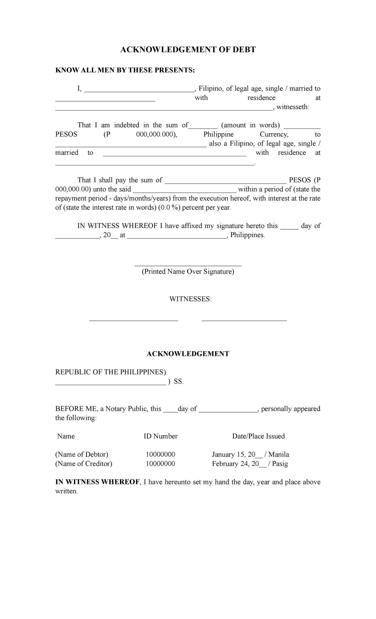 Acknowledgment of debt - ACKNOWLEDGEMENT OF DEBT KNOW ALL MEN BY THESE ...