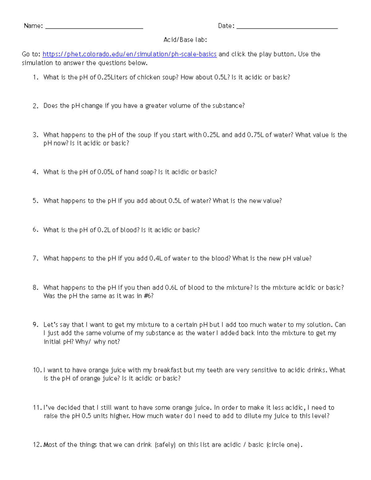 P H scale basics - Ph ET lab - Name: ____________________________ Date ...