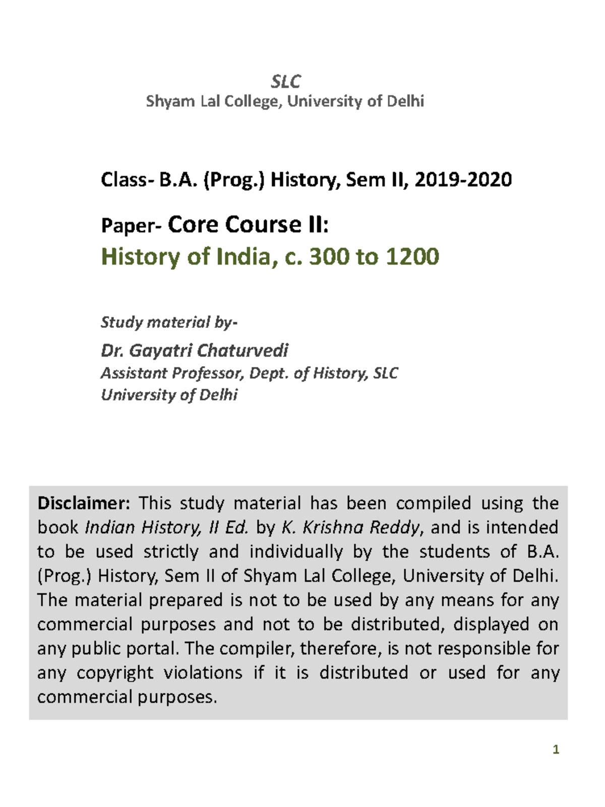 B.A. (Prog.) Sem II, Subject- History-Study Material - 1 SLC Shyam Lal ...