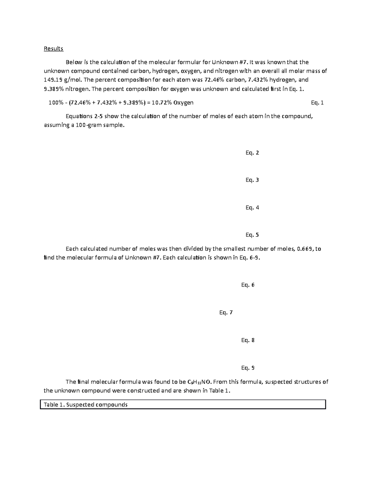 Identification of Unknown - Results Below is the calculation of the ...