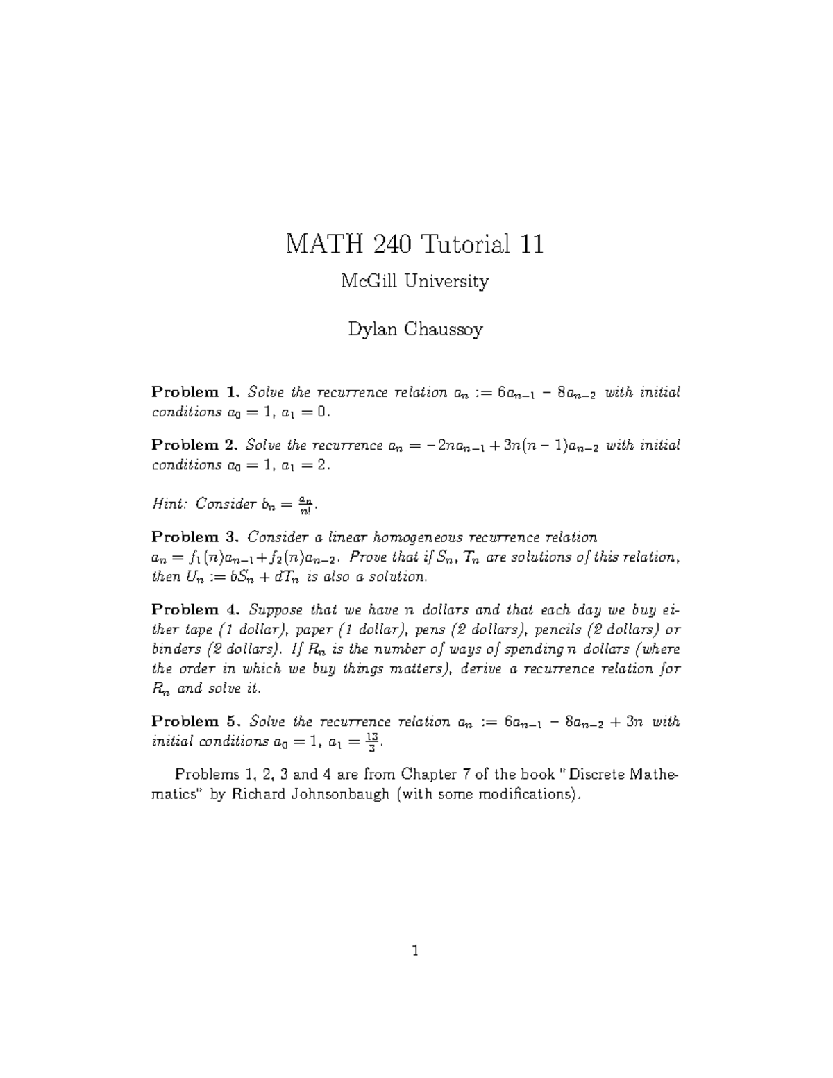 Tutorial_11____ - MATH 240 Tutorial 11 McGill University Dylan Chaussoy ...
