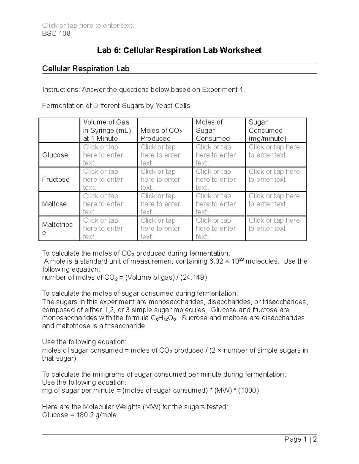 Lab 6 Cellular Respiration Worksheet - Click or tap here to enter text ...