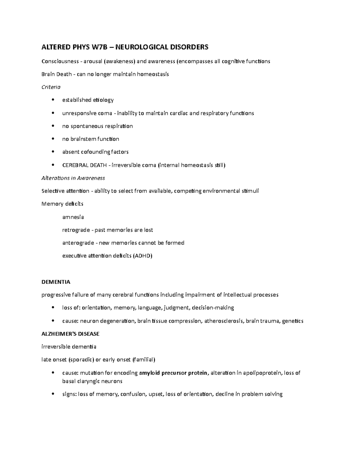 Altered PHYS W7B - neurological disorders - ALTERED PHYS W7B ...