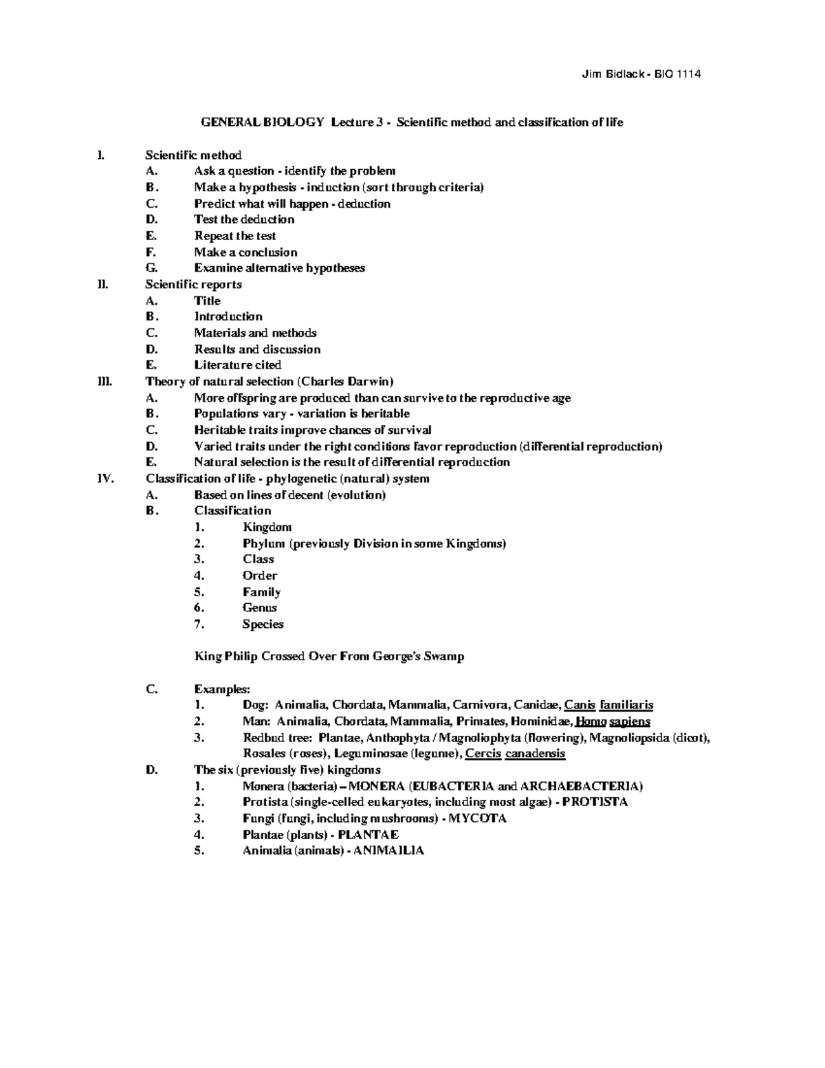 L03-Classify - Ref - Jim Bidlack - BIO 1114 GENERAL BIOLOGY Lecture 3 ...