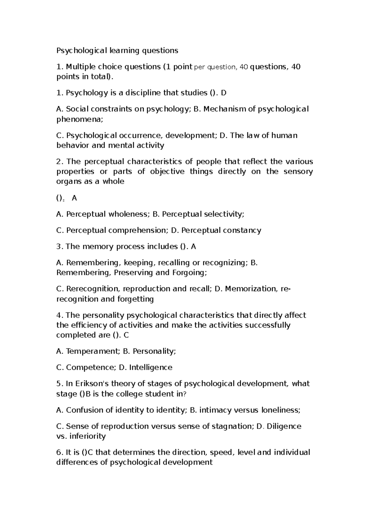 Psychological learning questions - Psychological learning questions ...