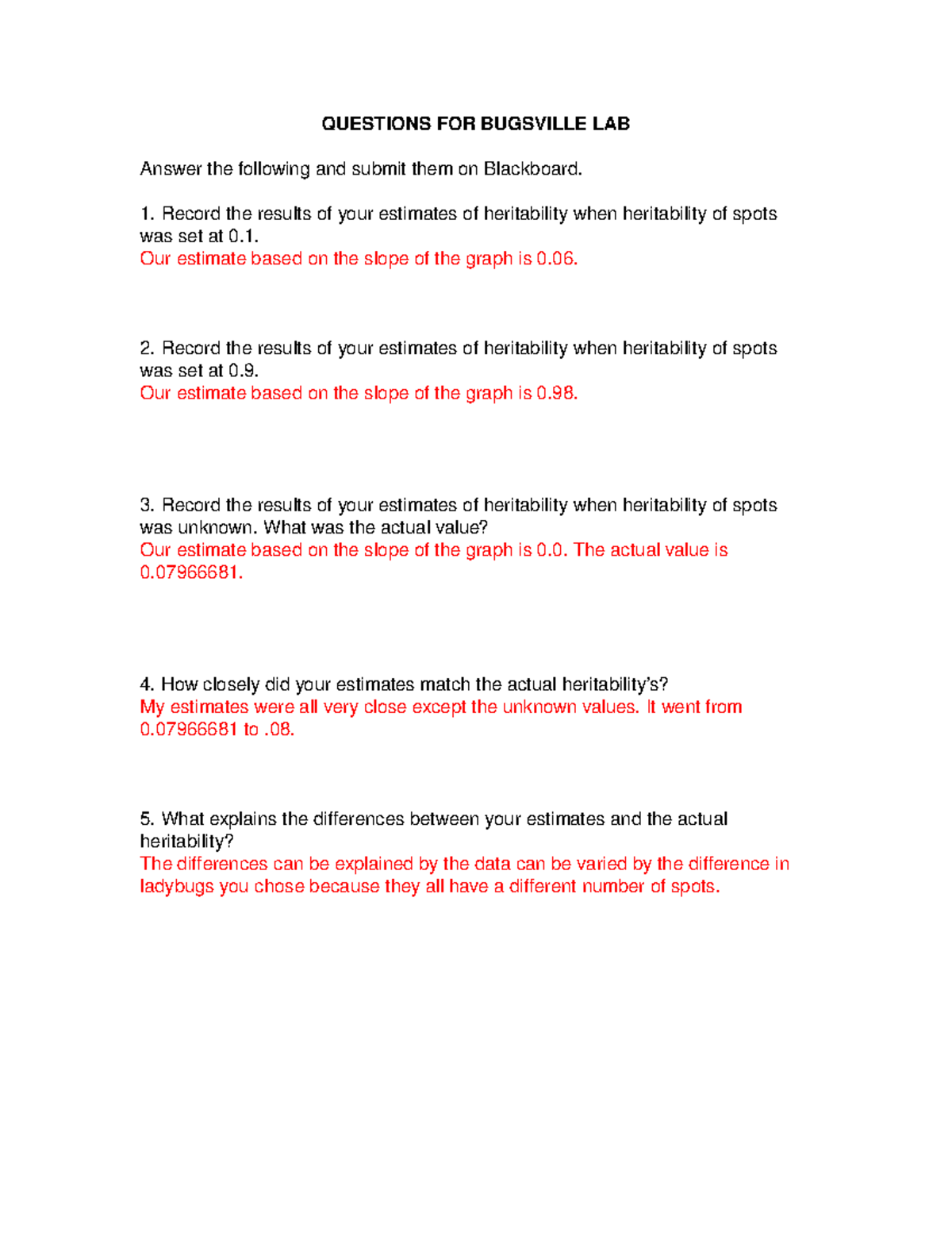 Questions FOR Bugsville LAB - QUESTIONS FOR BUGSVILLE LAB Answer the ...