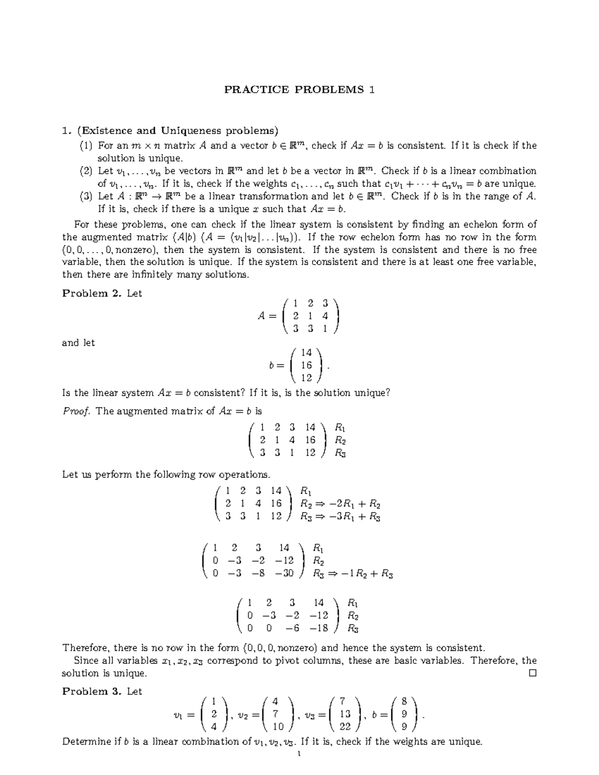 Practice Problems 1 S23 - (Existence and Uniqueness problems) (1) For an m × n matrix A and a ...