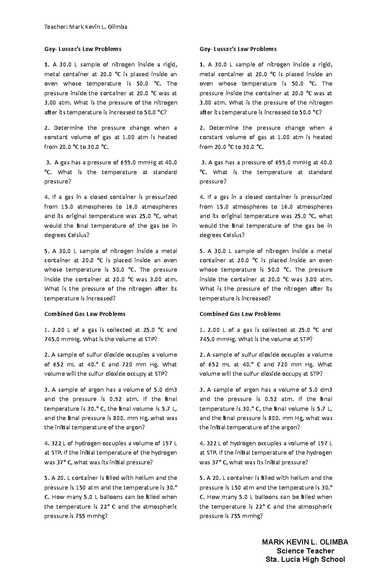Gay Lussac and Combined Gas Law Activity - Teacher: Mark Kevin L ...