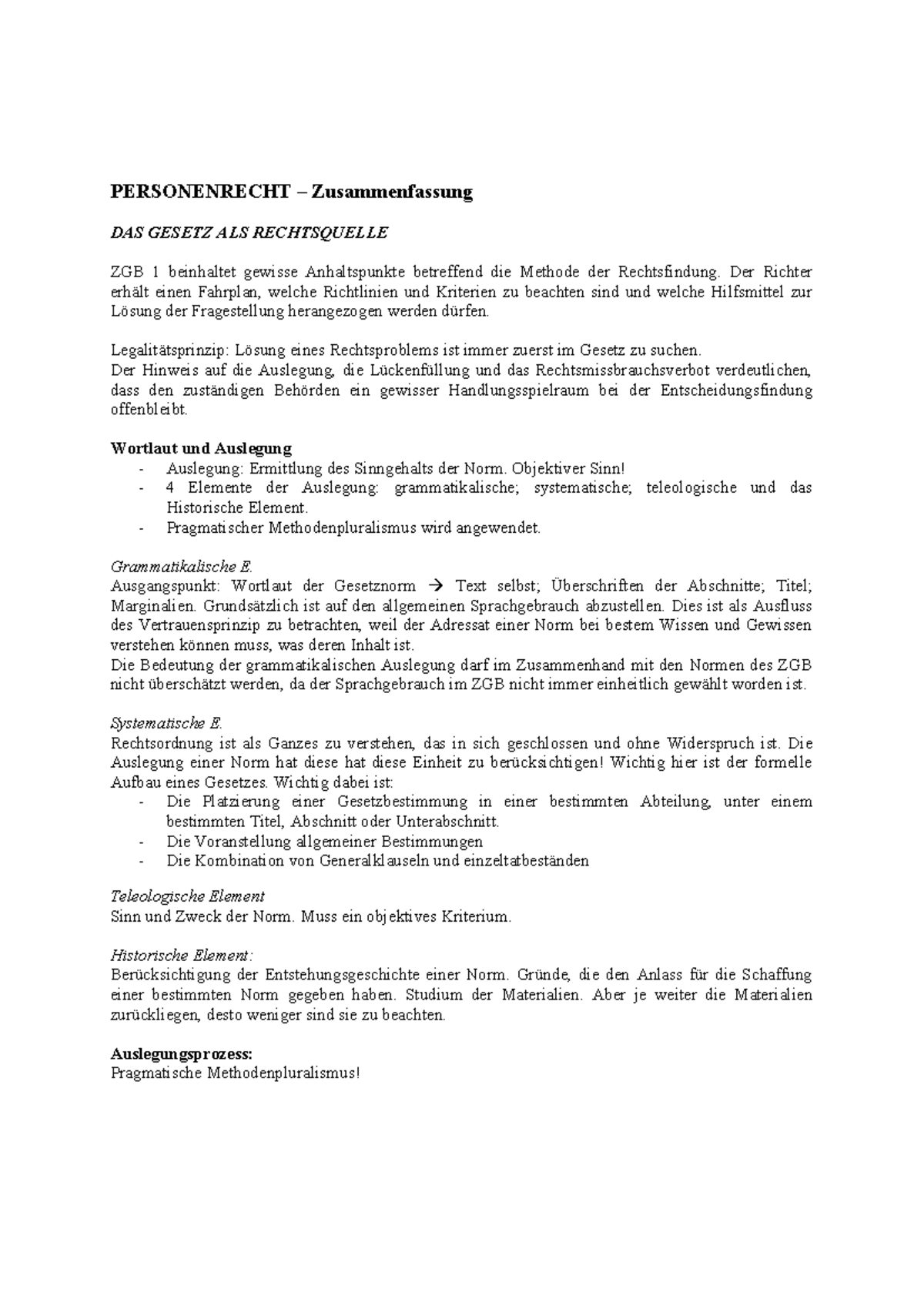 Personenrecht - PERSONENRECHT – Zusammenfassung DAS GESETZ ALS ...