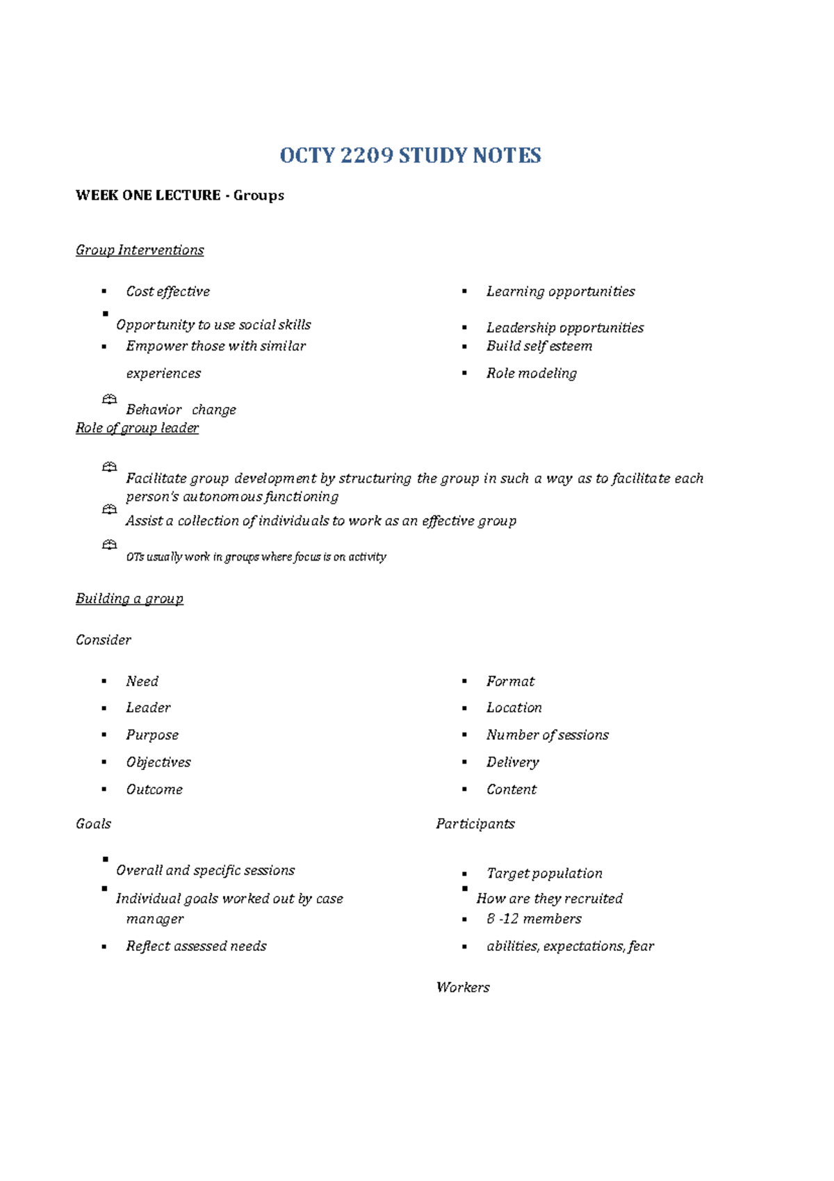 Lecture notes, lectures 1-13 - OCTY 2209 STUDY NOTES WEEK ONE LECTURE ...