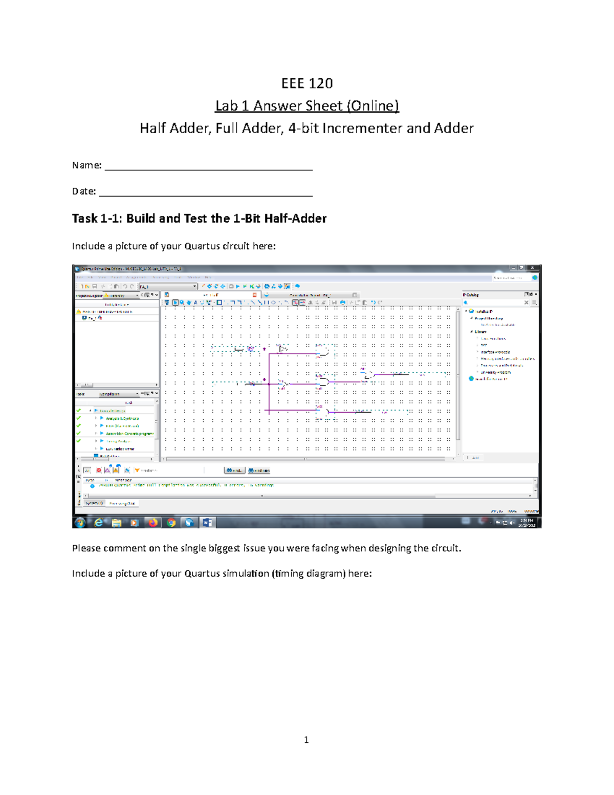 Lab1Template Altera online - EEE 120 Lab 1 Answer Sheet (Online) Half Adder, Full Adder, 4-bit ...