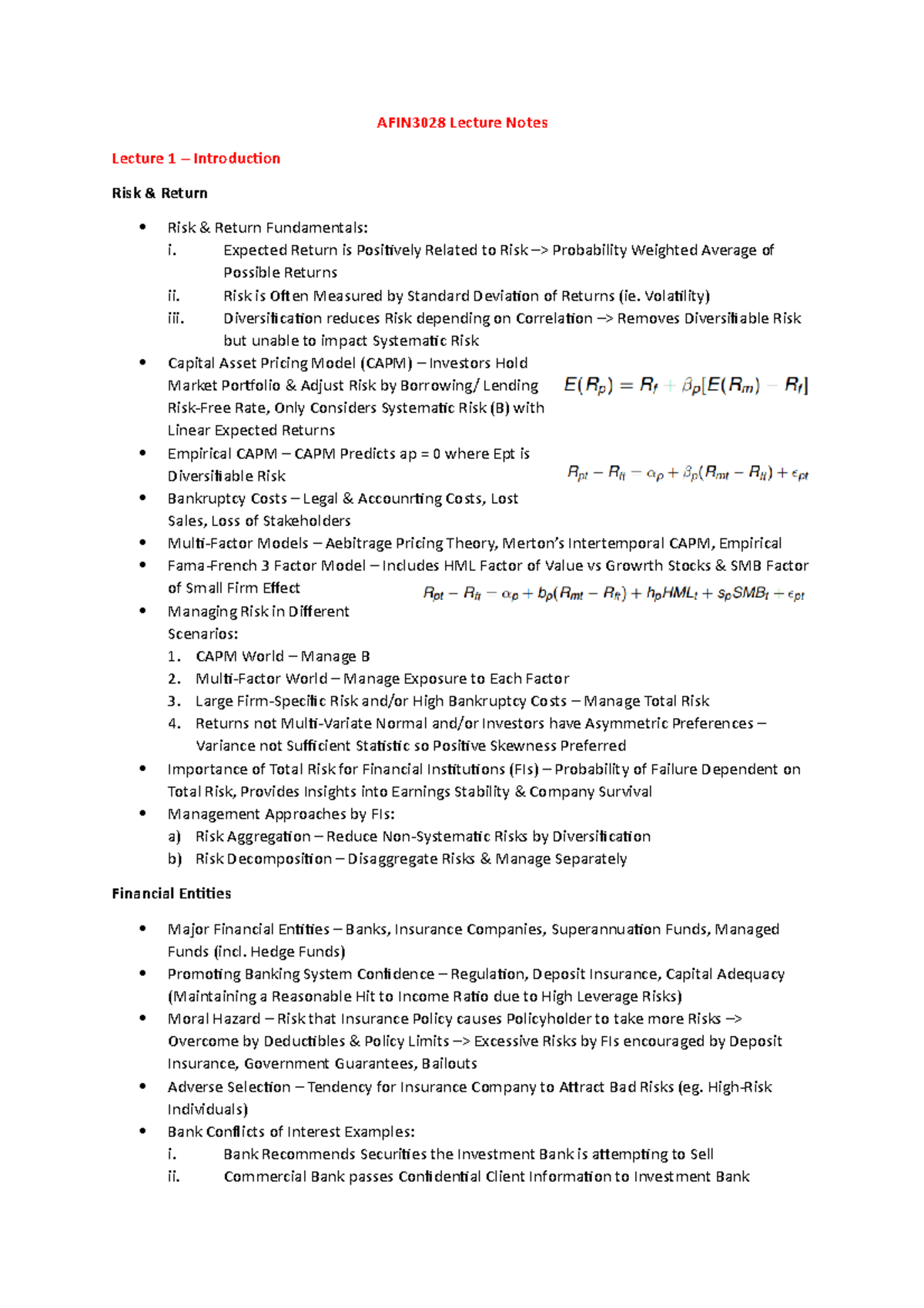 AFIN3028 Lecture Notes - Expected Return is Positively Related to Risk ...
