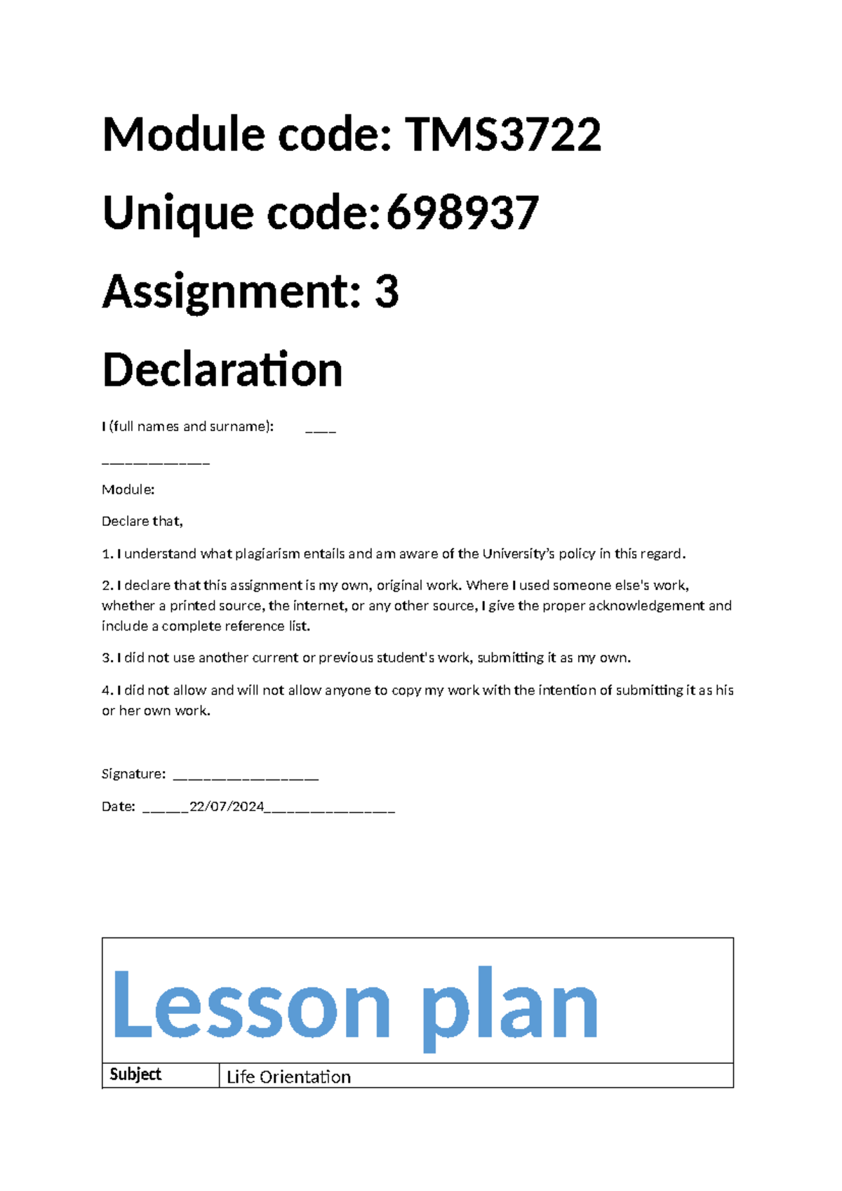 Lesson plan TML2301 - assignment 3 - Module code: TMS Unique code ...