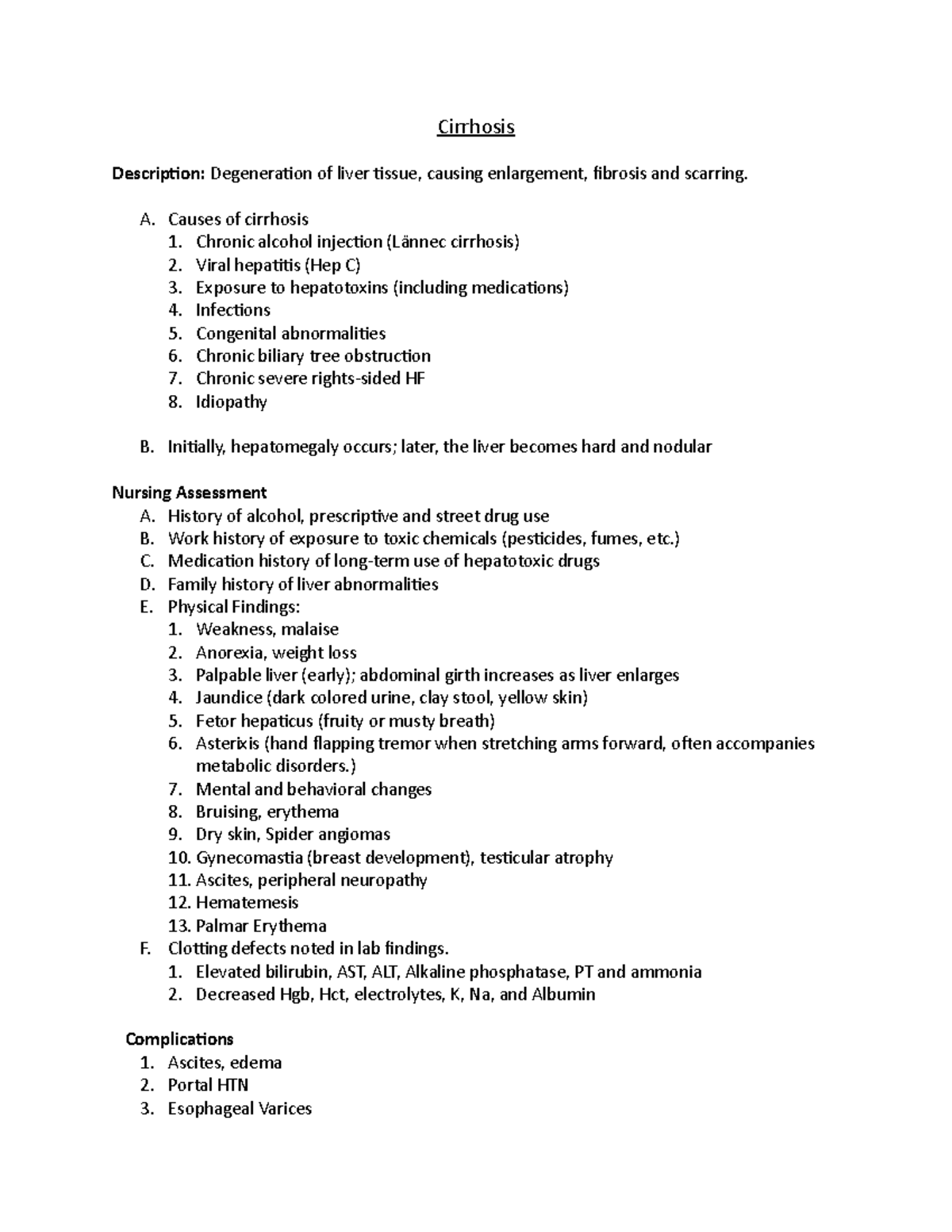Cirrhosis Outline - Lecture notes 2-3 - Cirrhosis Description ...