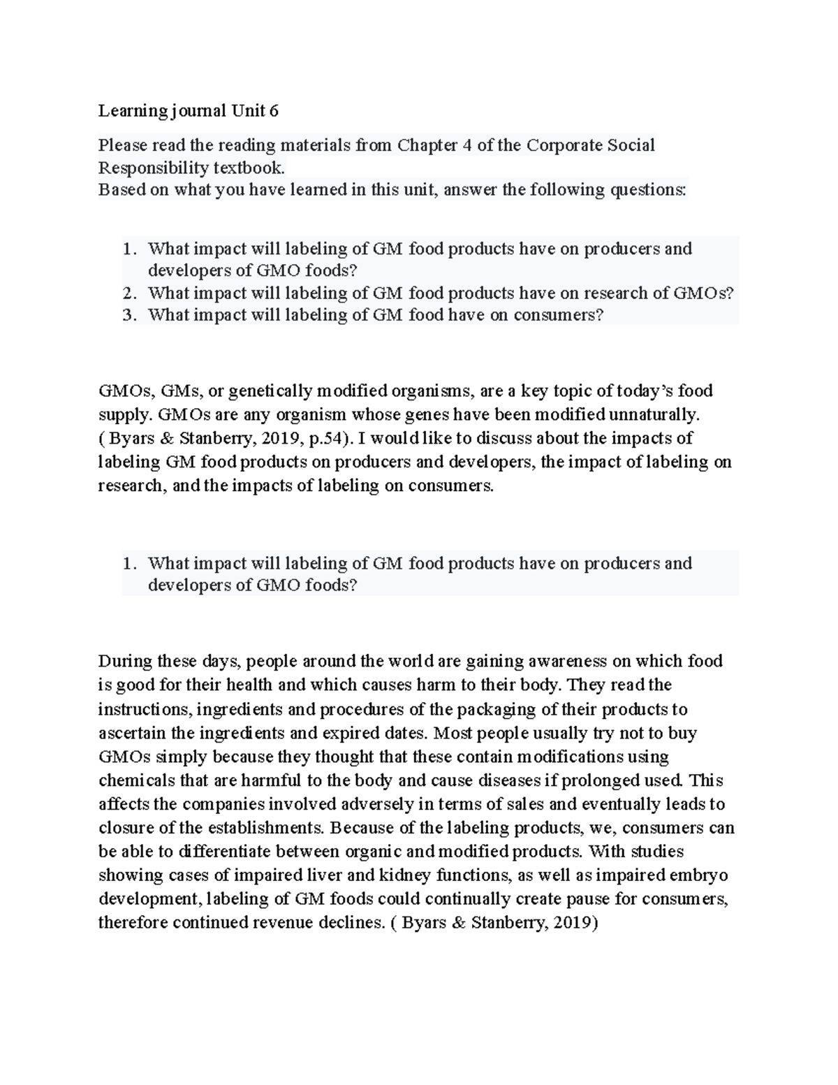 Learning journal Unit 6 - Based on what you have learned in this unit, answer the following ...