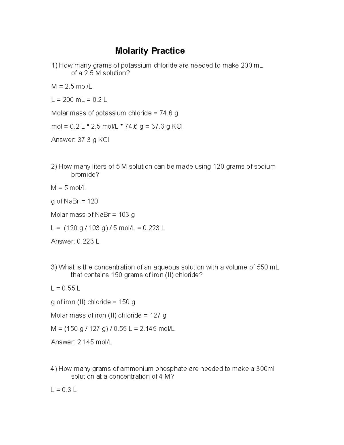 Molarity practice 1 - Molarity Practice How many grams of potassium ...