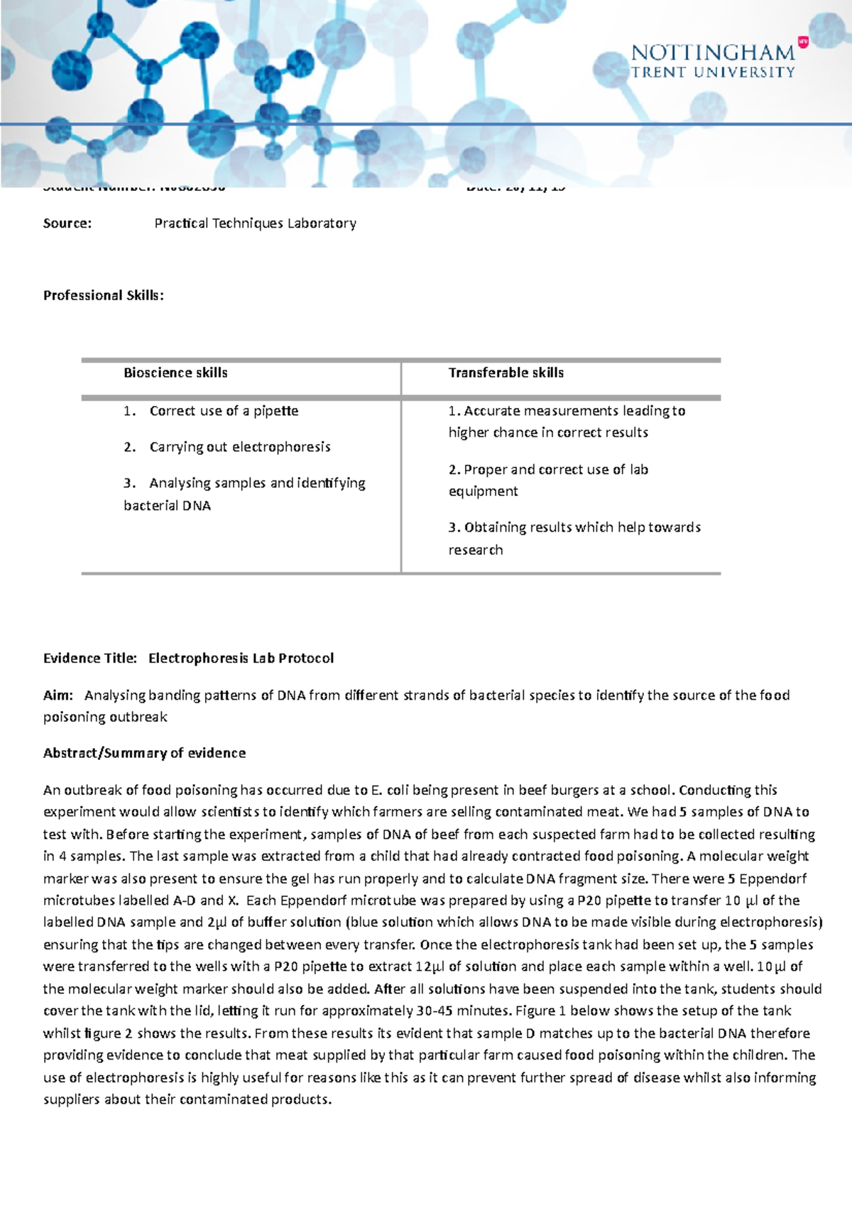 Portfolio proforma electrophoresis - Student Number: N0862856 Date: 20 ...
