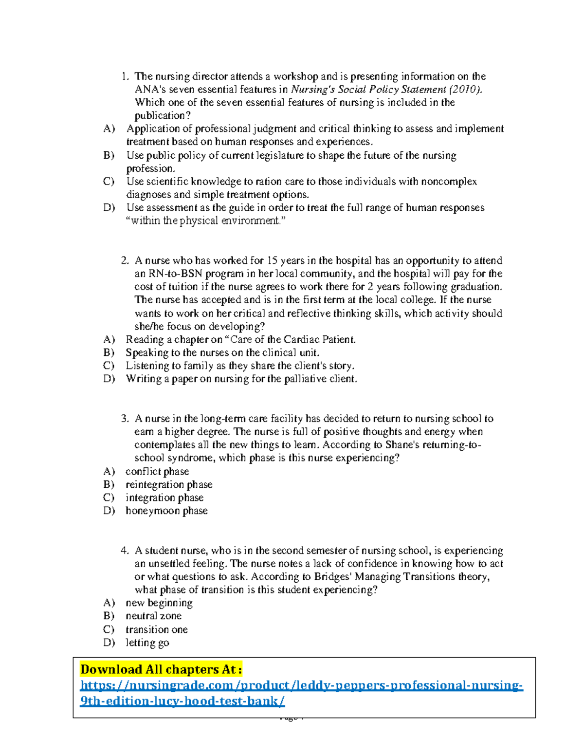 Leddy & Pepper's Professional Nursing 9th Lucy Hood Test Bank - The ...