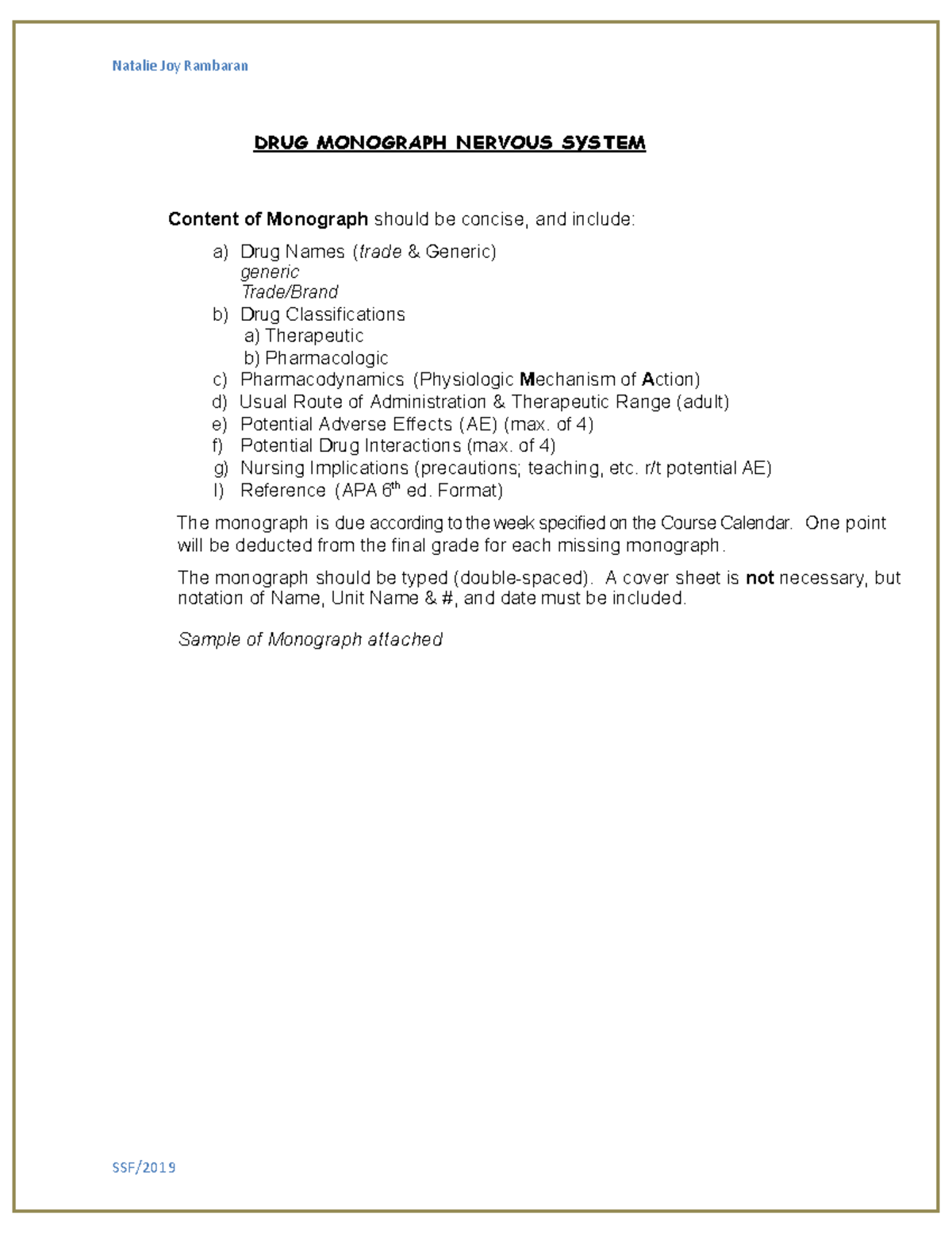 Drug Monograph #2 CNS Nervous System FInal Draft - DRUG MONOGRAPH ...