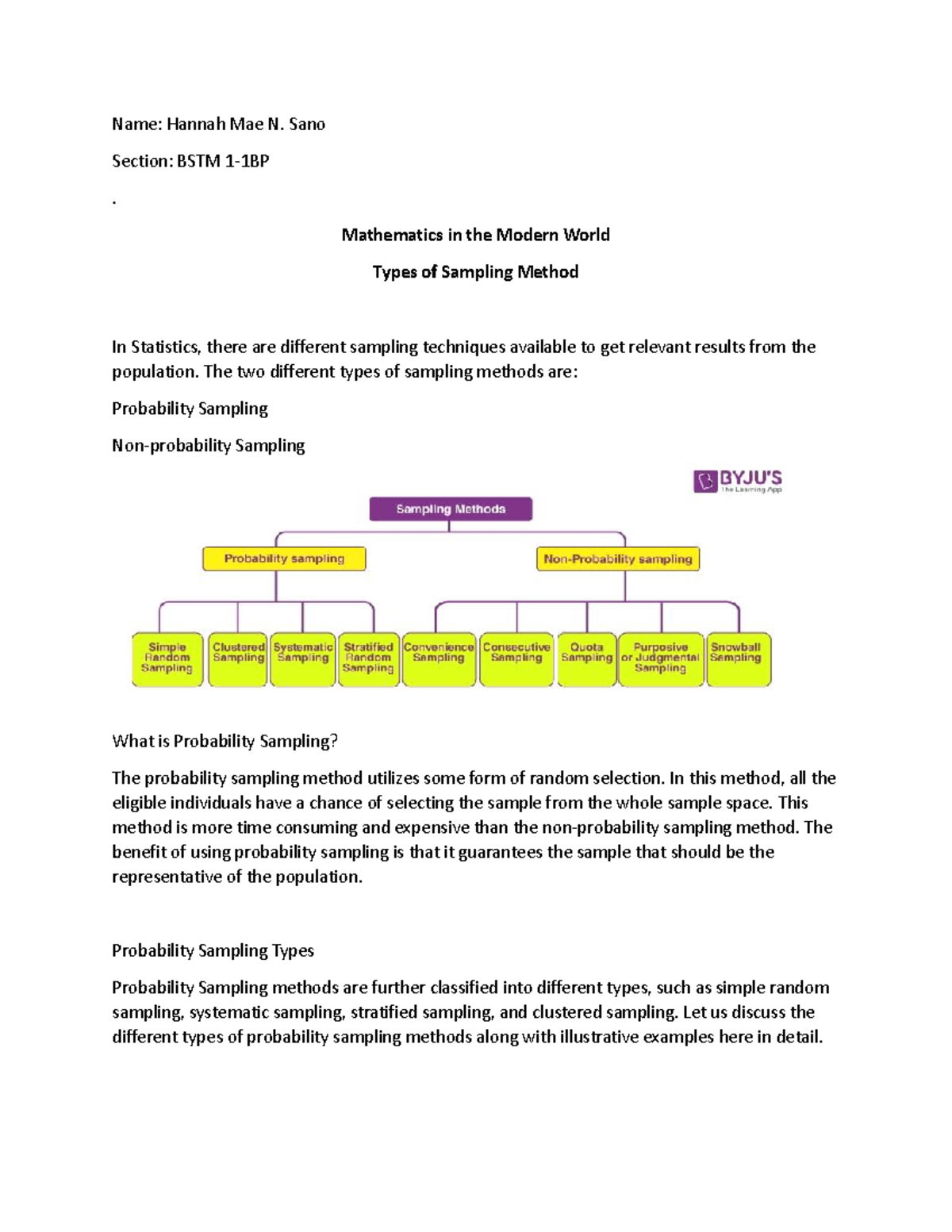 Types of Sampling Techniques - Name: Hannah Mae N. Sano Section: BSTM 1 ...