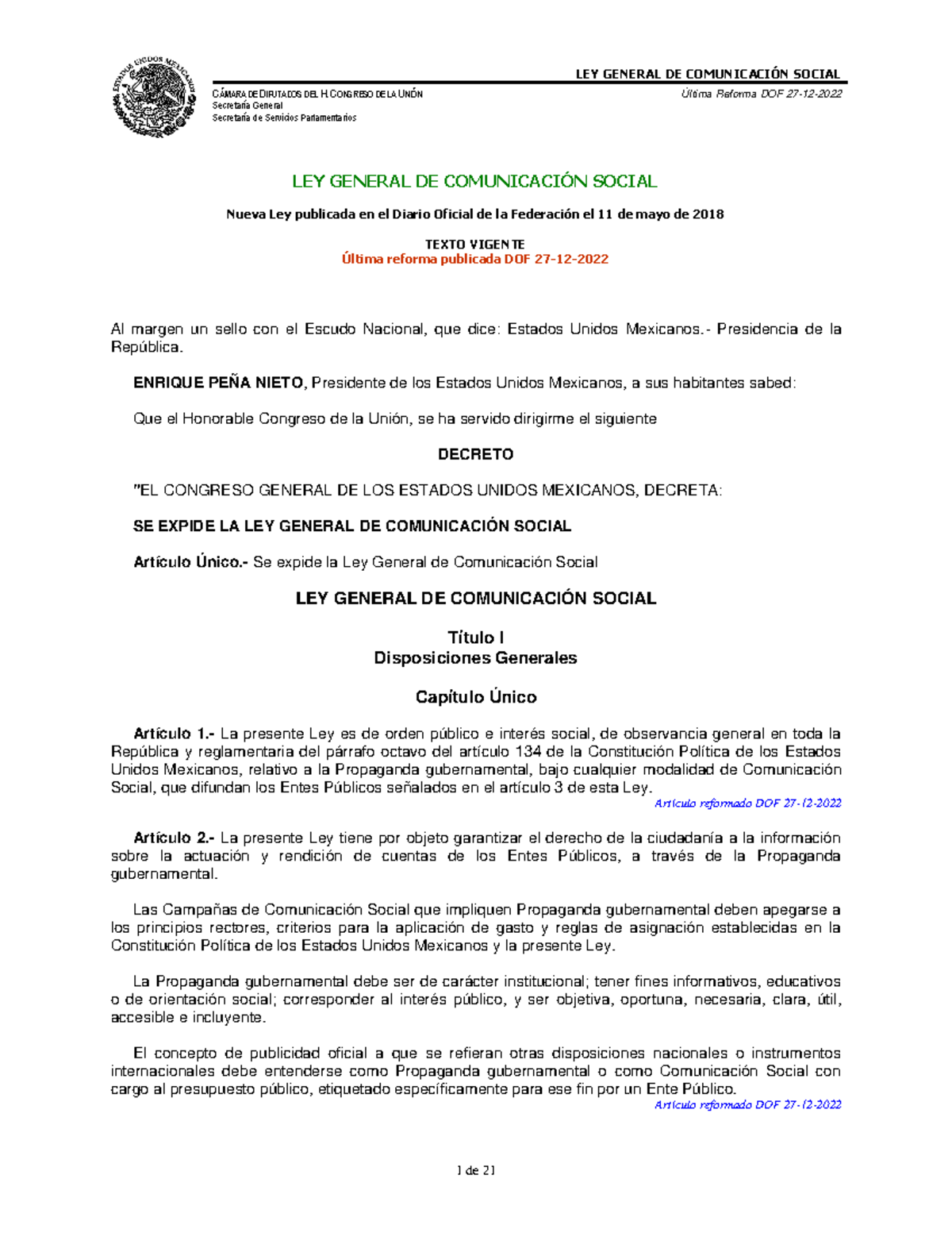 LEY General DE Comunicación Social - C¡MARA DE DIPUTADOS DEL H. CONGRESO DE LA UNI”N SecretarÌa ...