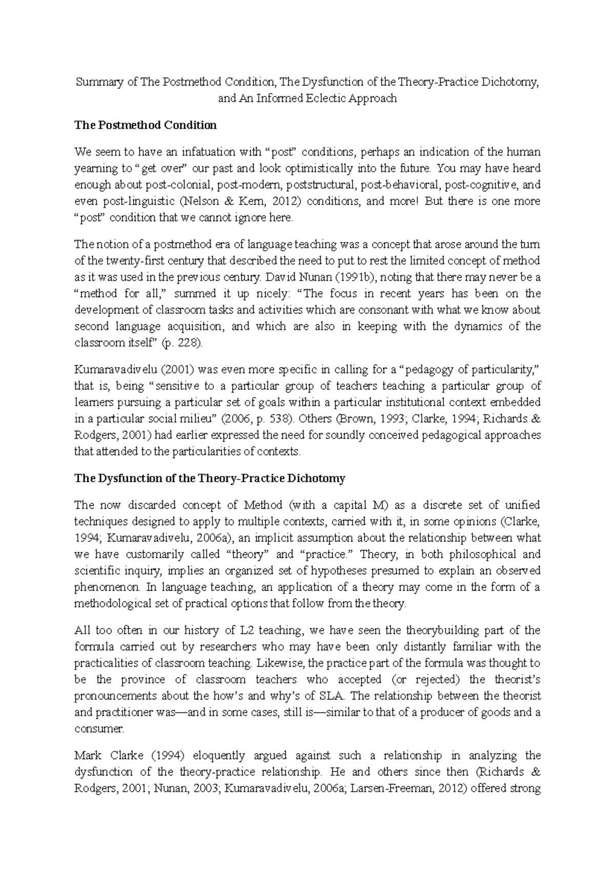 Summary of The Postmethod Condition, The Dysfunction of the Theory ...