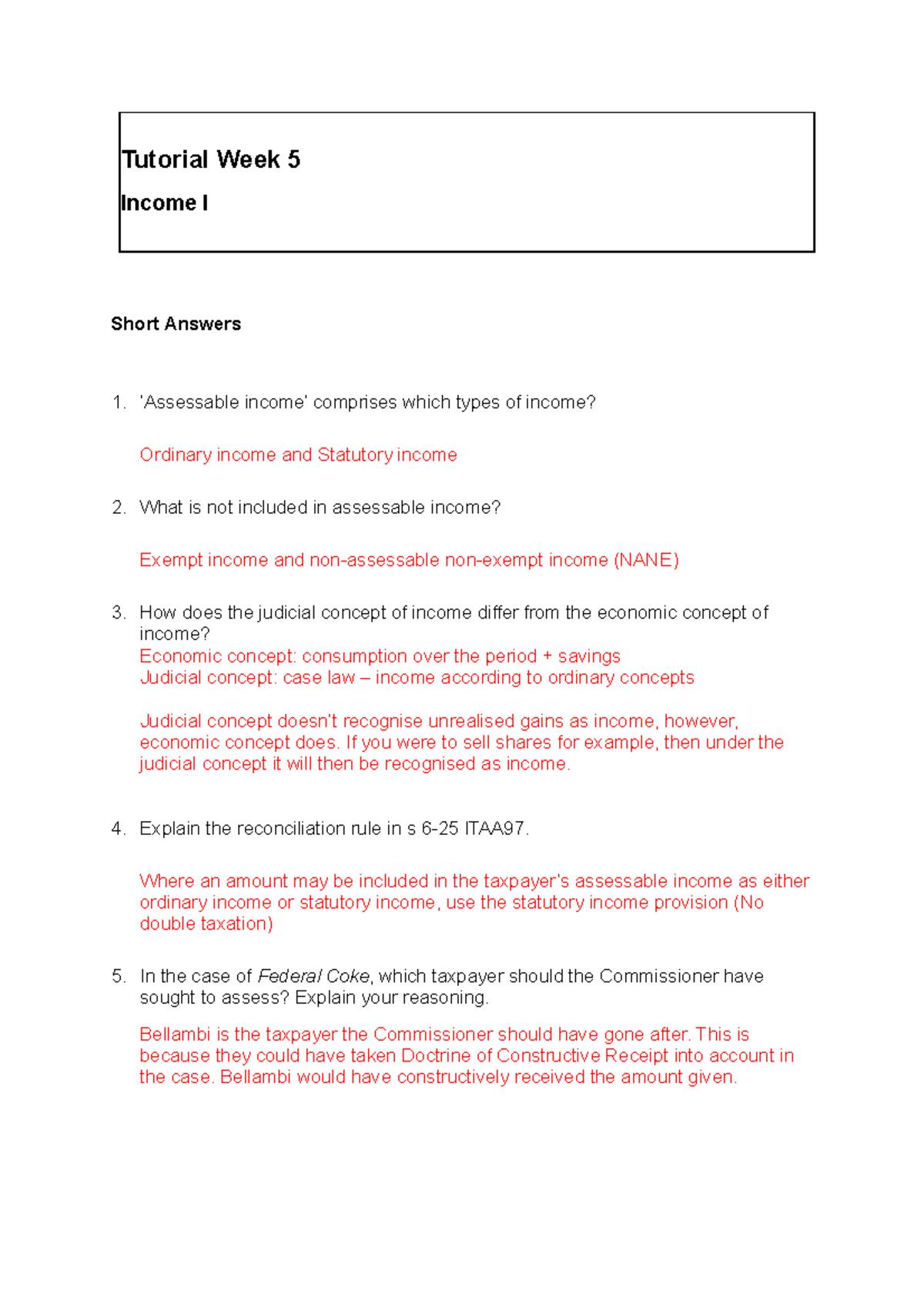 Week 5 - Tutorial Week 5 - Income I, short answers and long answers - Tutorial Week 5 Income I ...