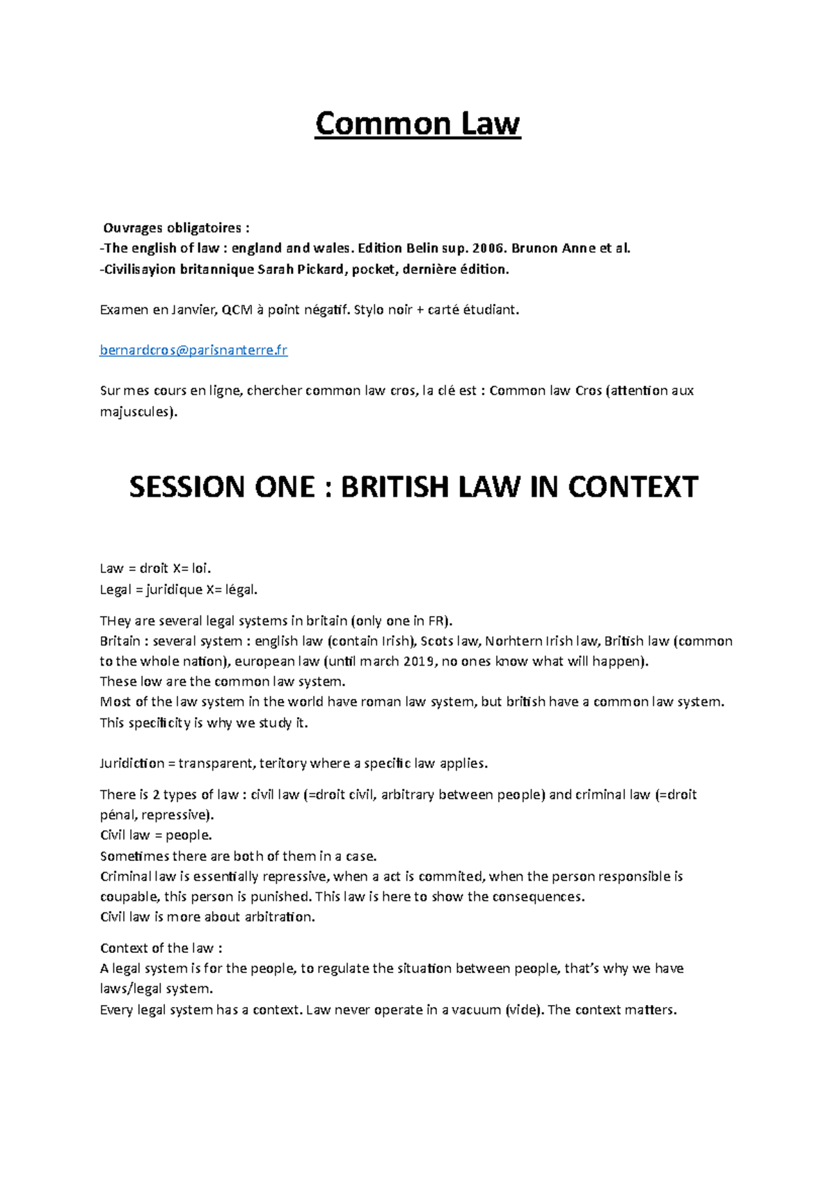 Common Law - Common Law Ouvrages obligatoires : -The english of law ...