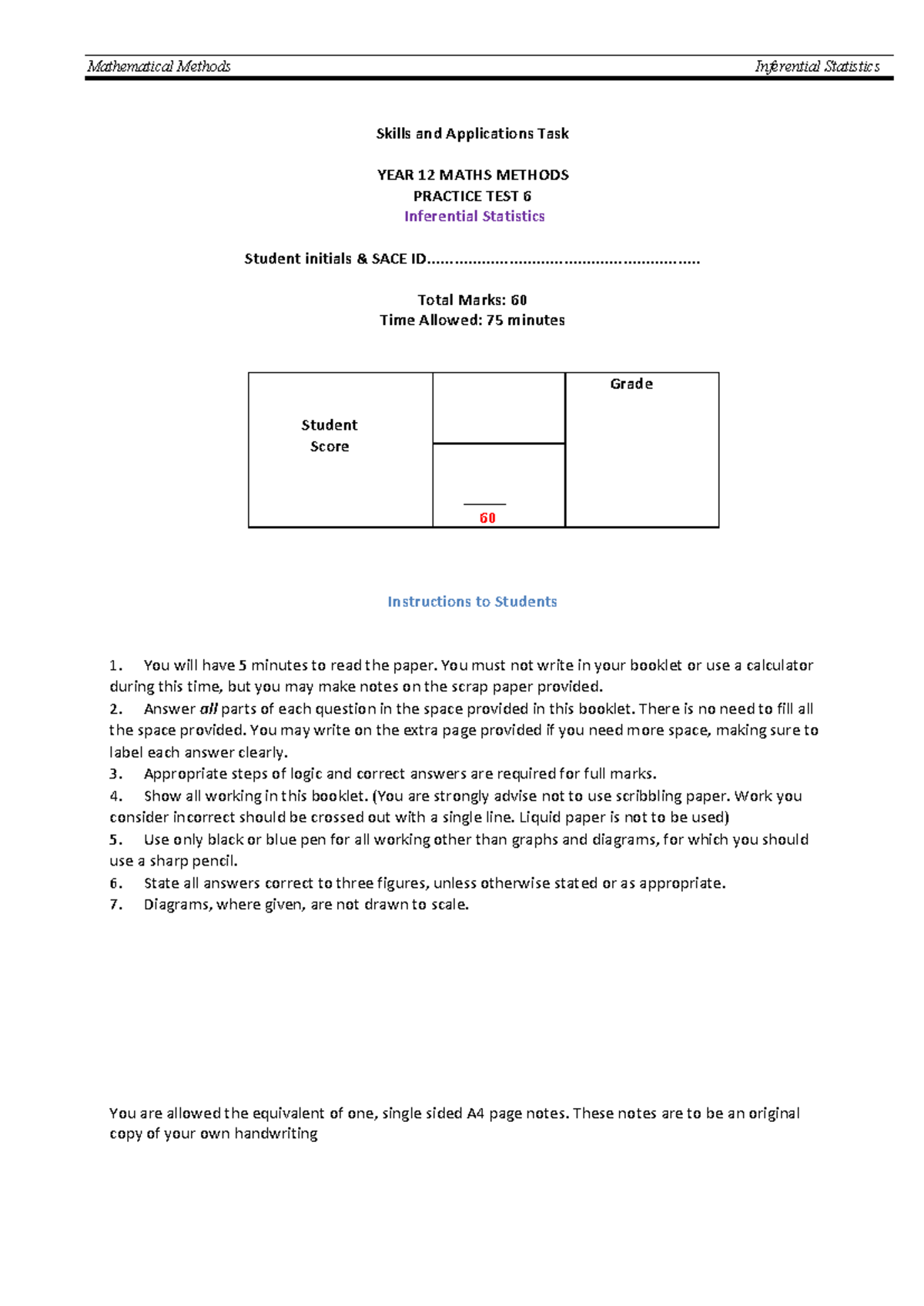 2021 Practice test - Skills and Applications Task YEAR 12 MATHS METHODS ...