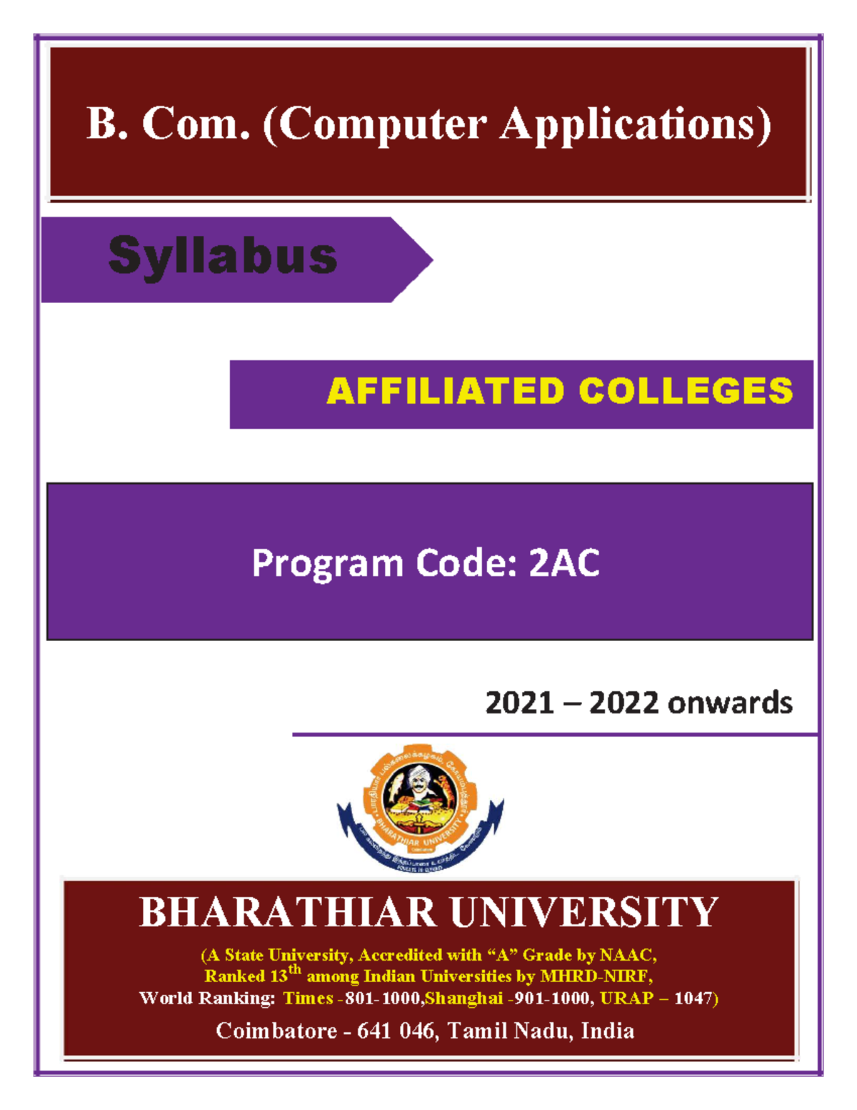 Bcom ca 2021 22 - NIL - B. Com. (Computer Applications) Syllabus AFFILIATED COLLEGES Program ...