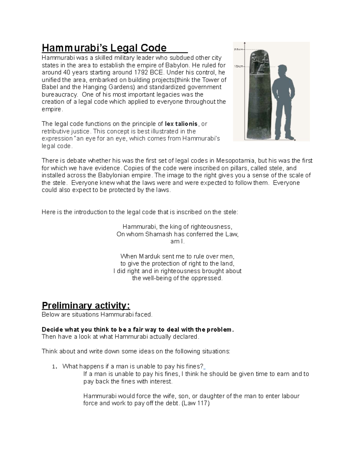 Hammurabi Code - Hammurabi’s Legal Code Hammurabi was a skilled ...