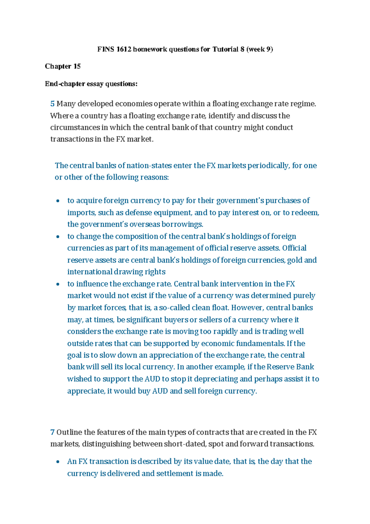 Homework questions for tutorial in week 9 with solution - FINS 1612 homework questions for ...