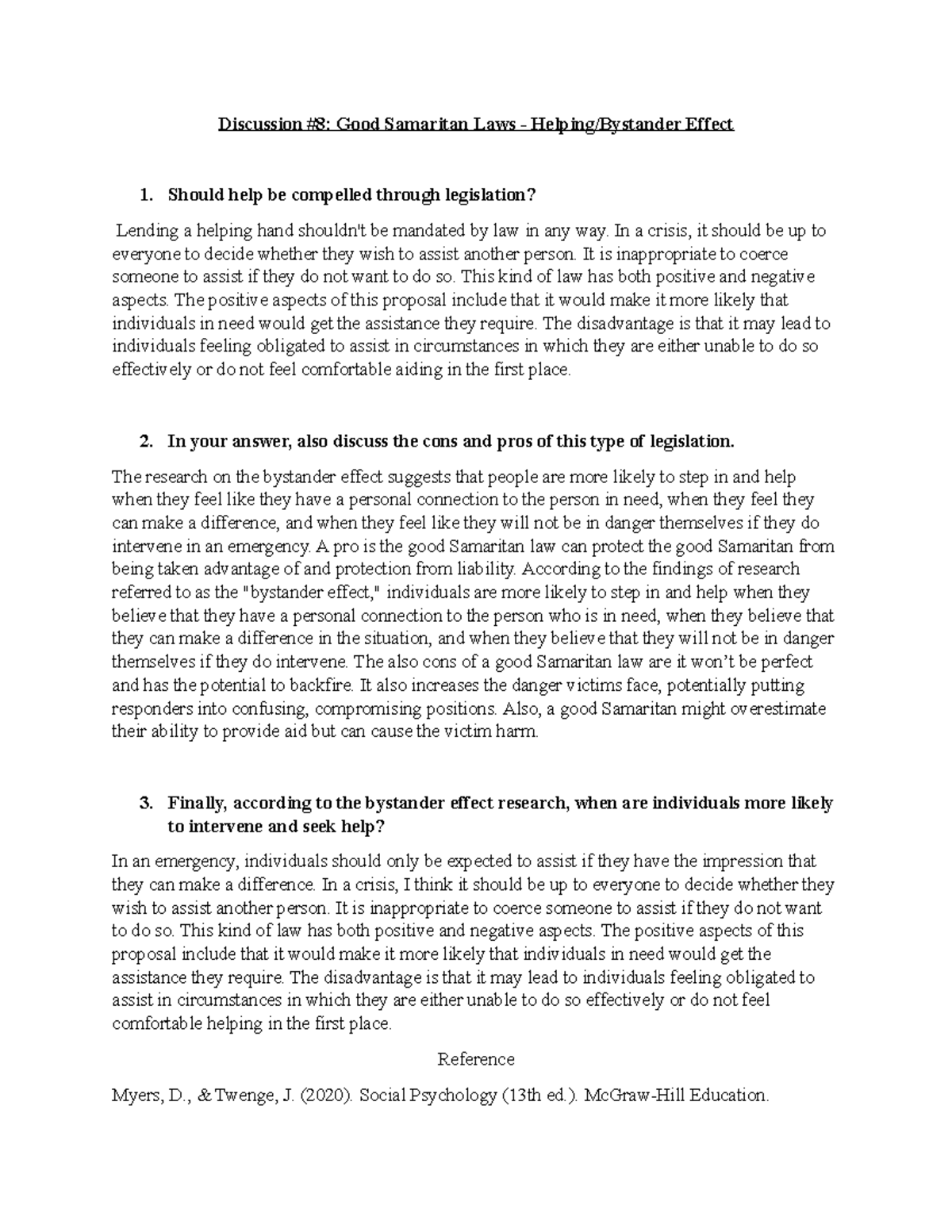 Discussion 8 Good Samaritan Laws Helping Bystander Effect - Discussion ...