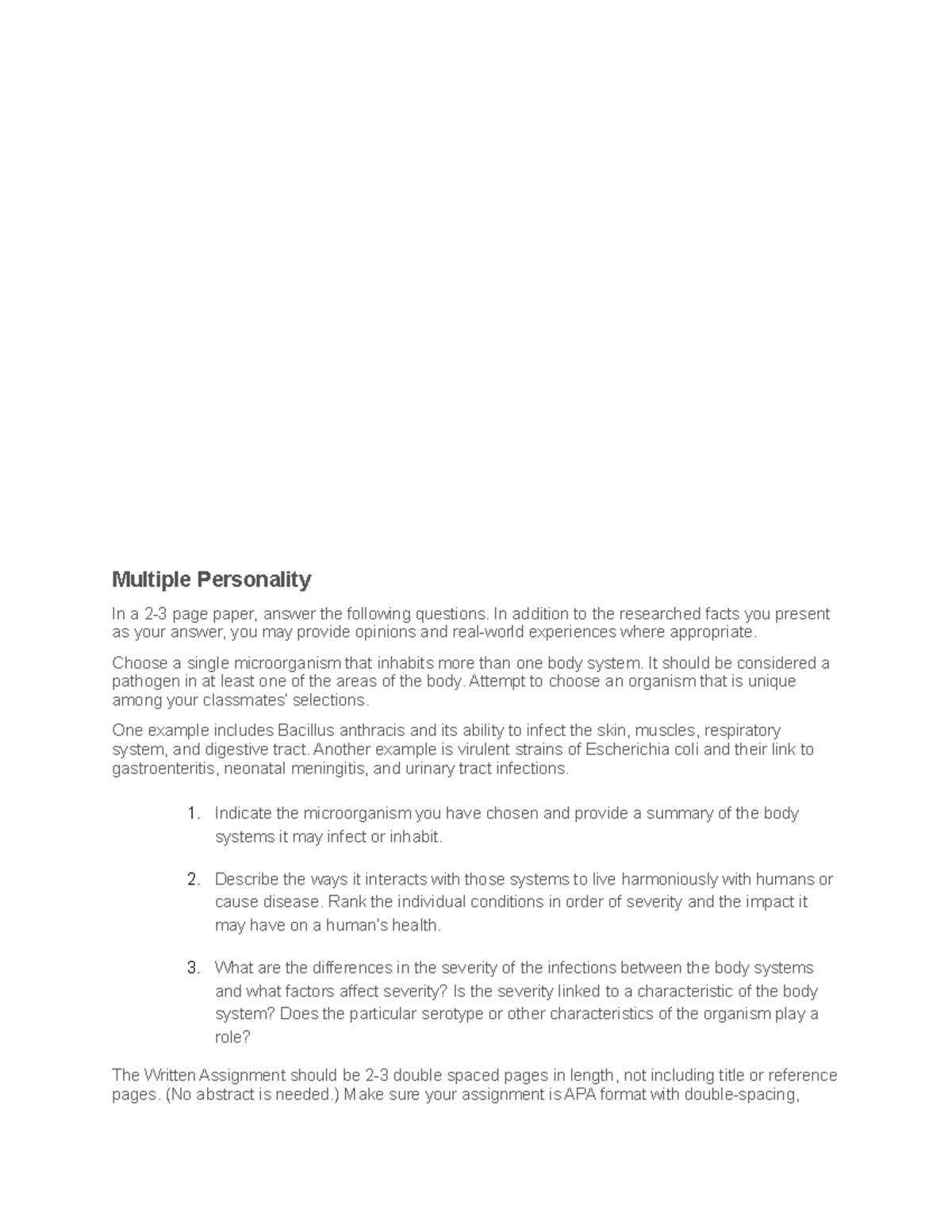 WA Seven - written assignment - Multiple Personality In a 2-3 page ...