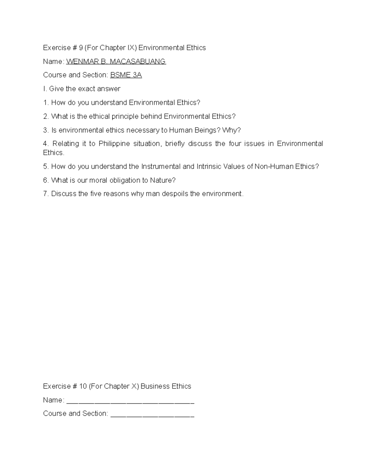 Exercise 9-13 EDUCATION - Exercise # 9 (For Chapter IX) Environmental ...