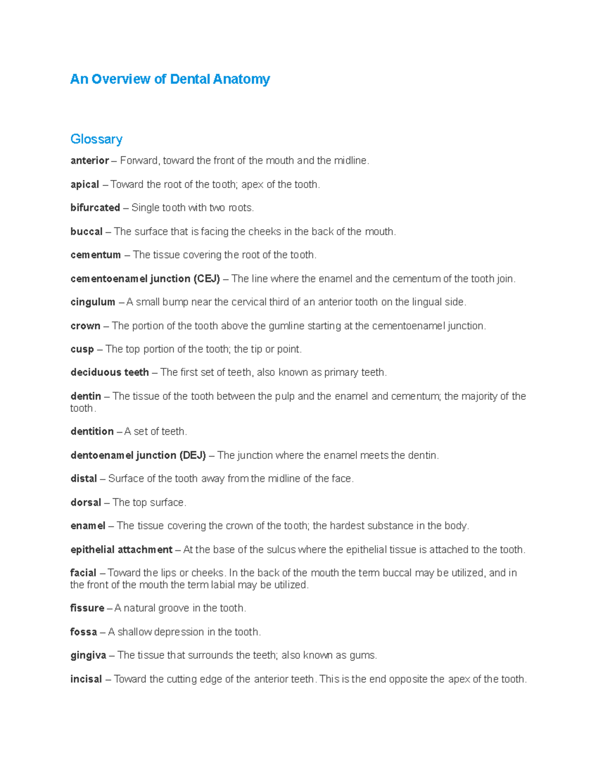 Glossary of dental anatomy terminology needed - An Overview of Dental ...